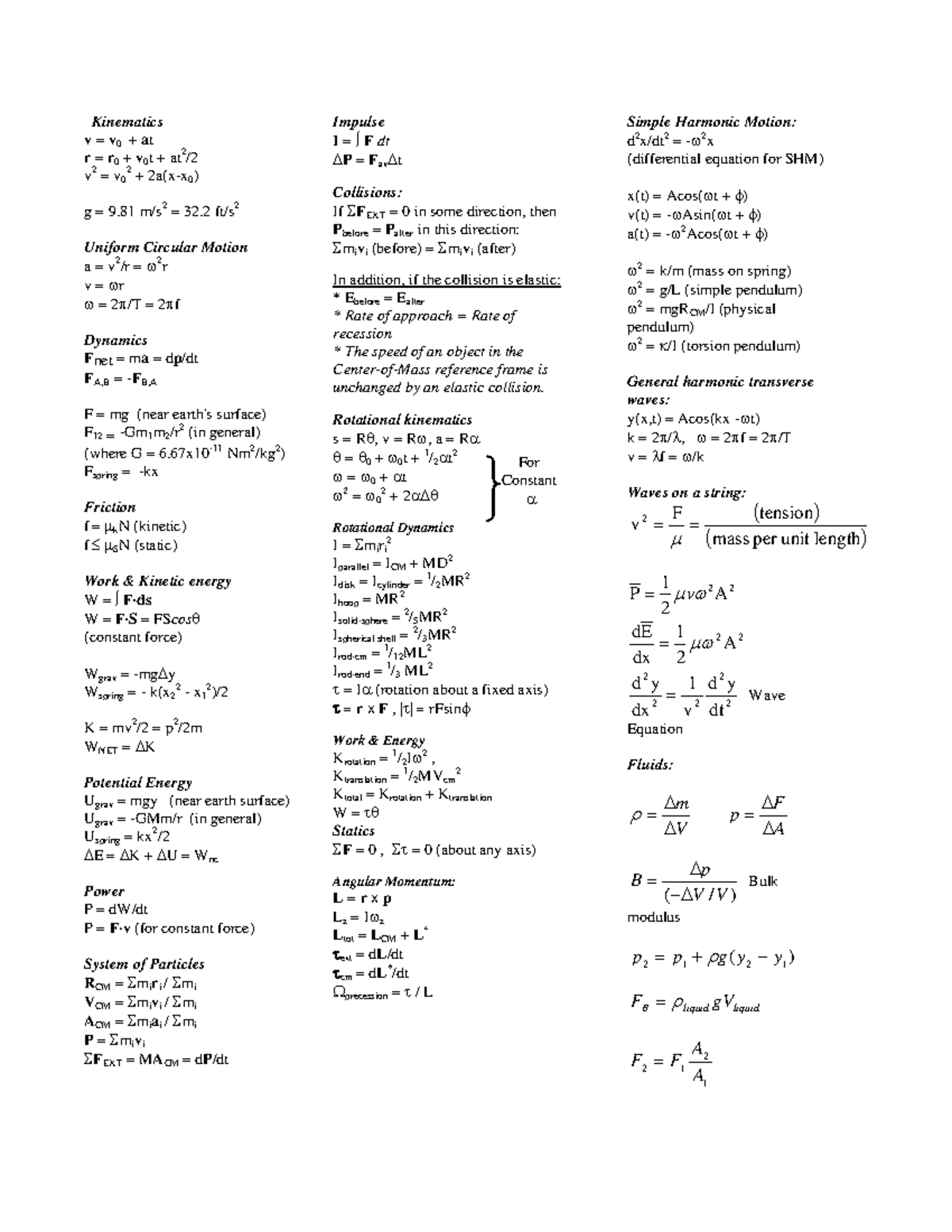 Inbound 866050290873266624 - Physics 211 Formula Sheet Fall 2009 ...