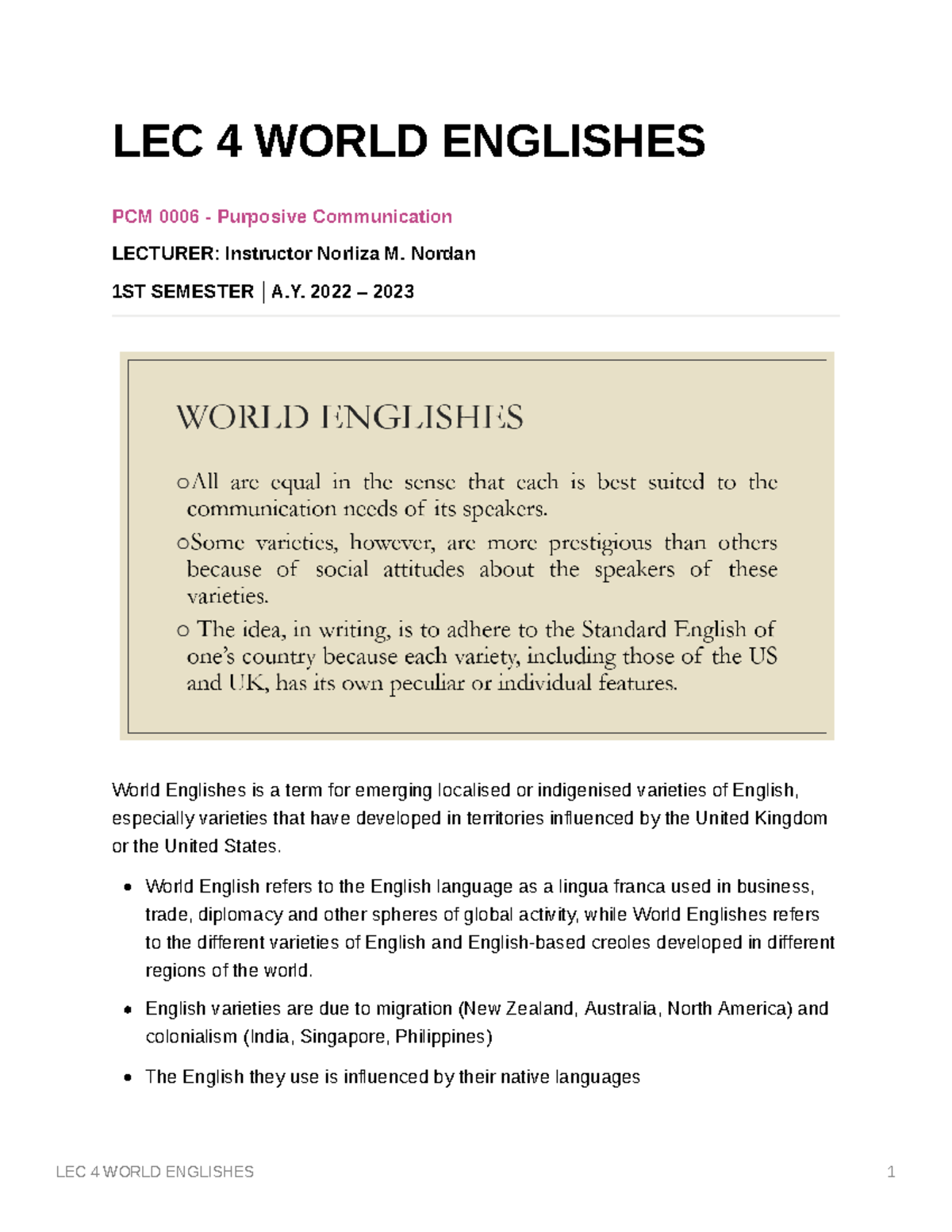 LEC 4 World Englishes - Purposive Communications - LEC 4 WORLD ...