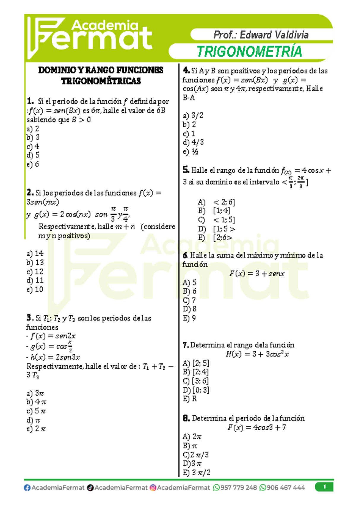 Dominio y rango FT - Para reforzar antes de un examen - TRIGONOMETRÍA 1 ...
