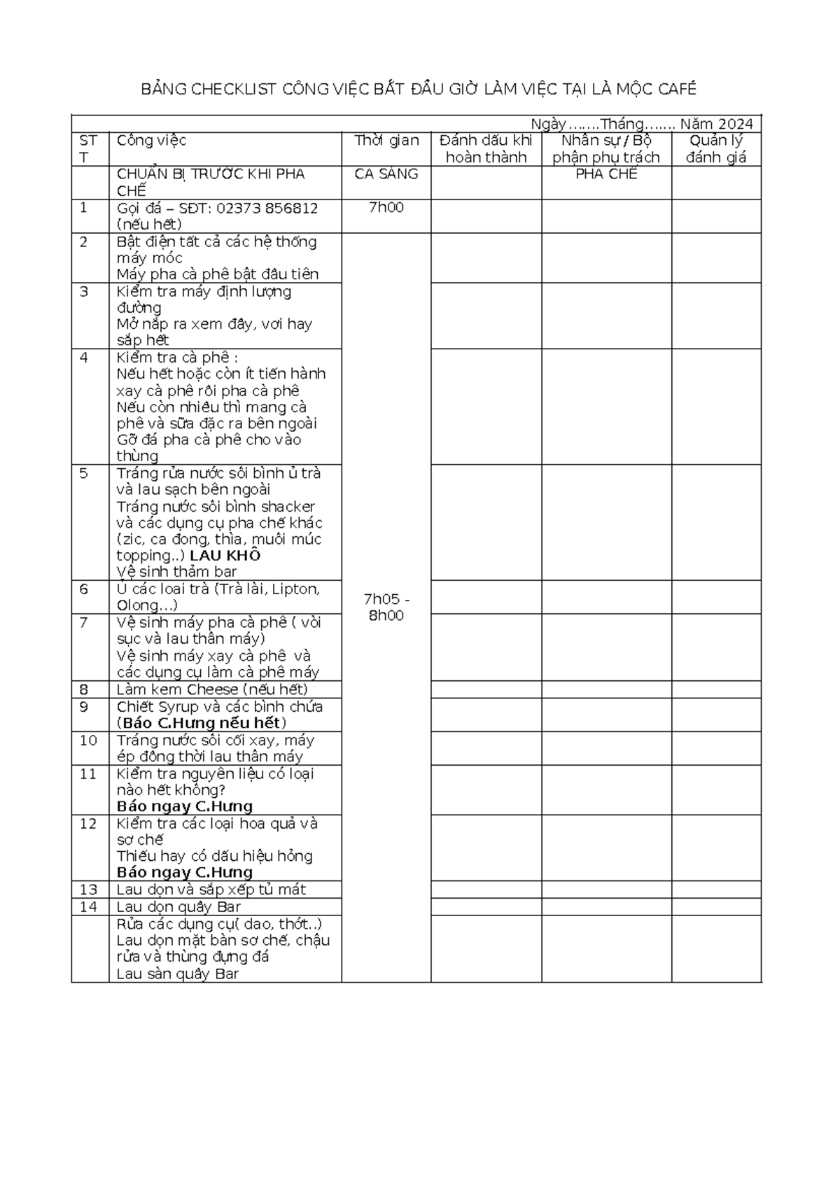 Bảng checklist công việc bộ phận pha chế - BẢNG CHECKLIST CÔNG VIỆC BẮT ...