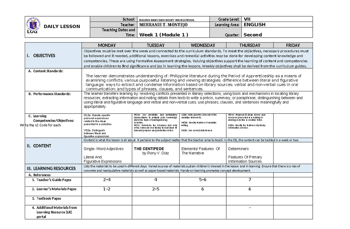 DLL 2nd Quarter wk1 - DAILY LESSON LOG IN ENGLISH - DAILY LESSON LOG ...
