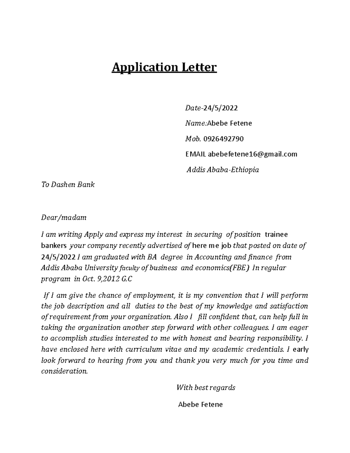 CV - tewodros - Application Letter Date-24/5/ Name:Abebe Fetene Mob ...