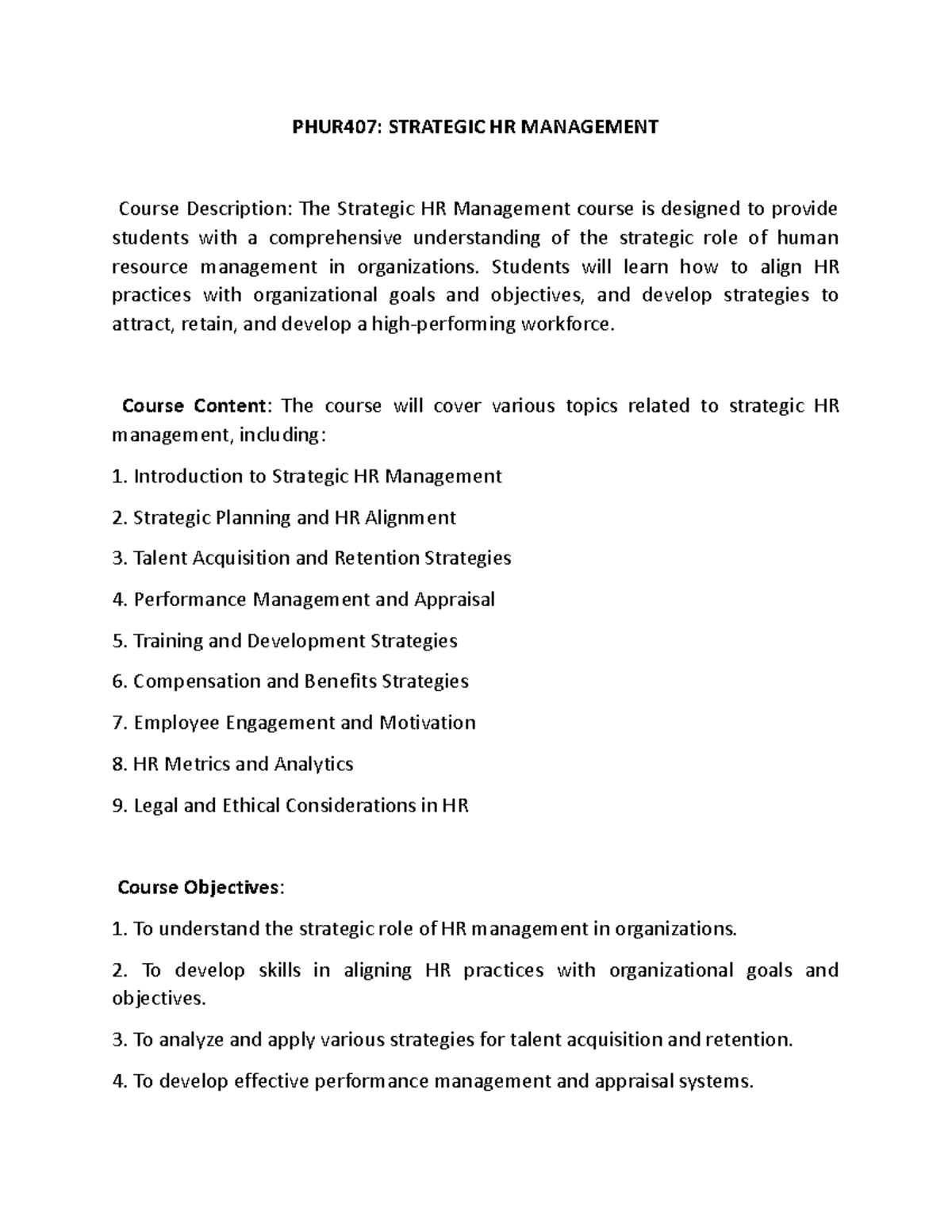 Course Outline SHRM & Social Security - PHUR407: STRATEGIC HR ...