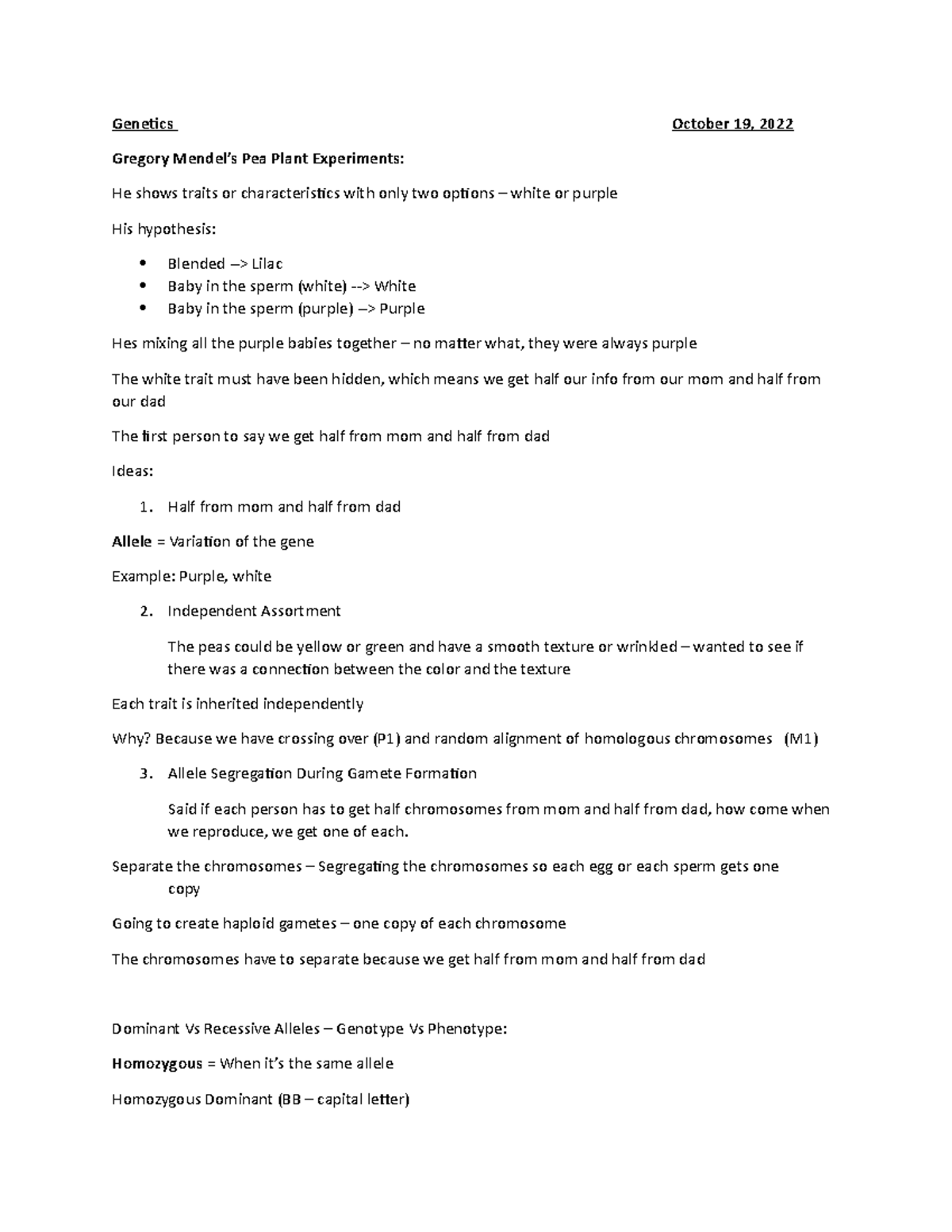 Biology Notes - Genetics - Genetics October 19, 2022 Gregory Mendel’s ...