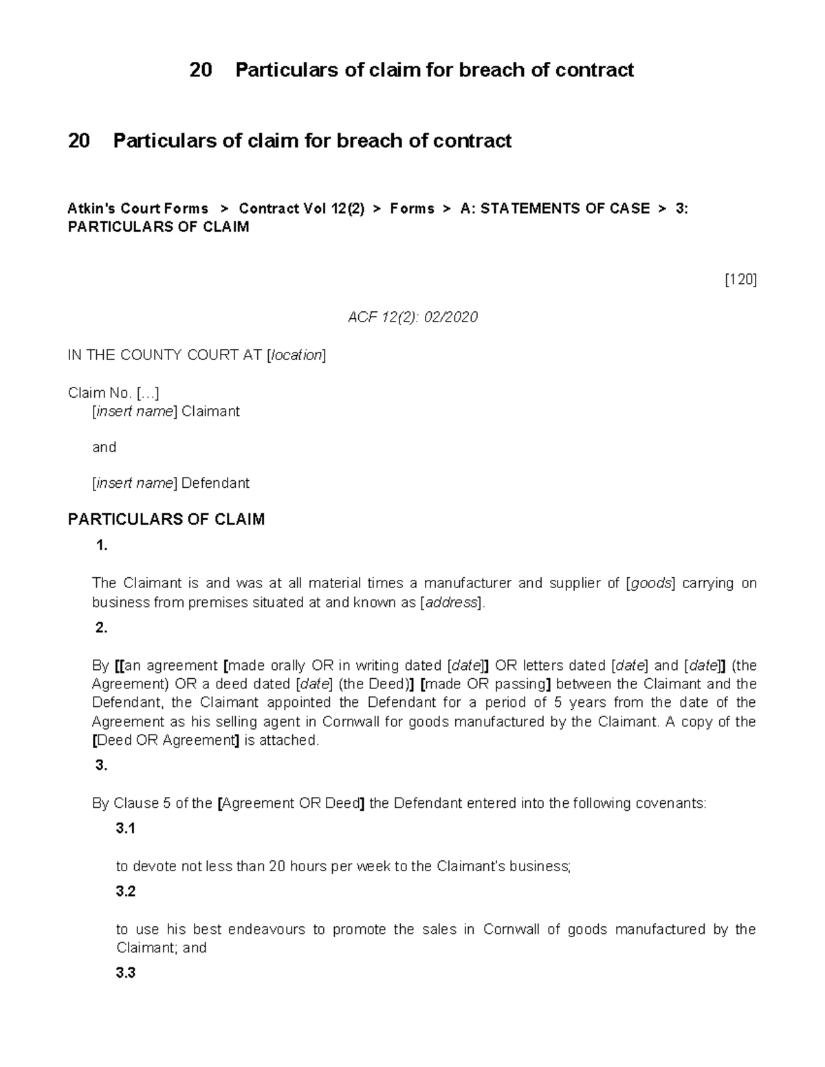 Particulars of claim for breach of contract 1 - [...] [insert name ...