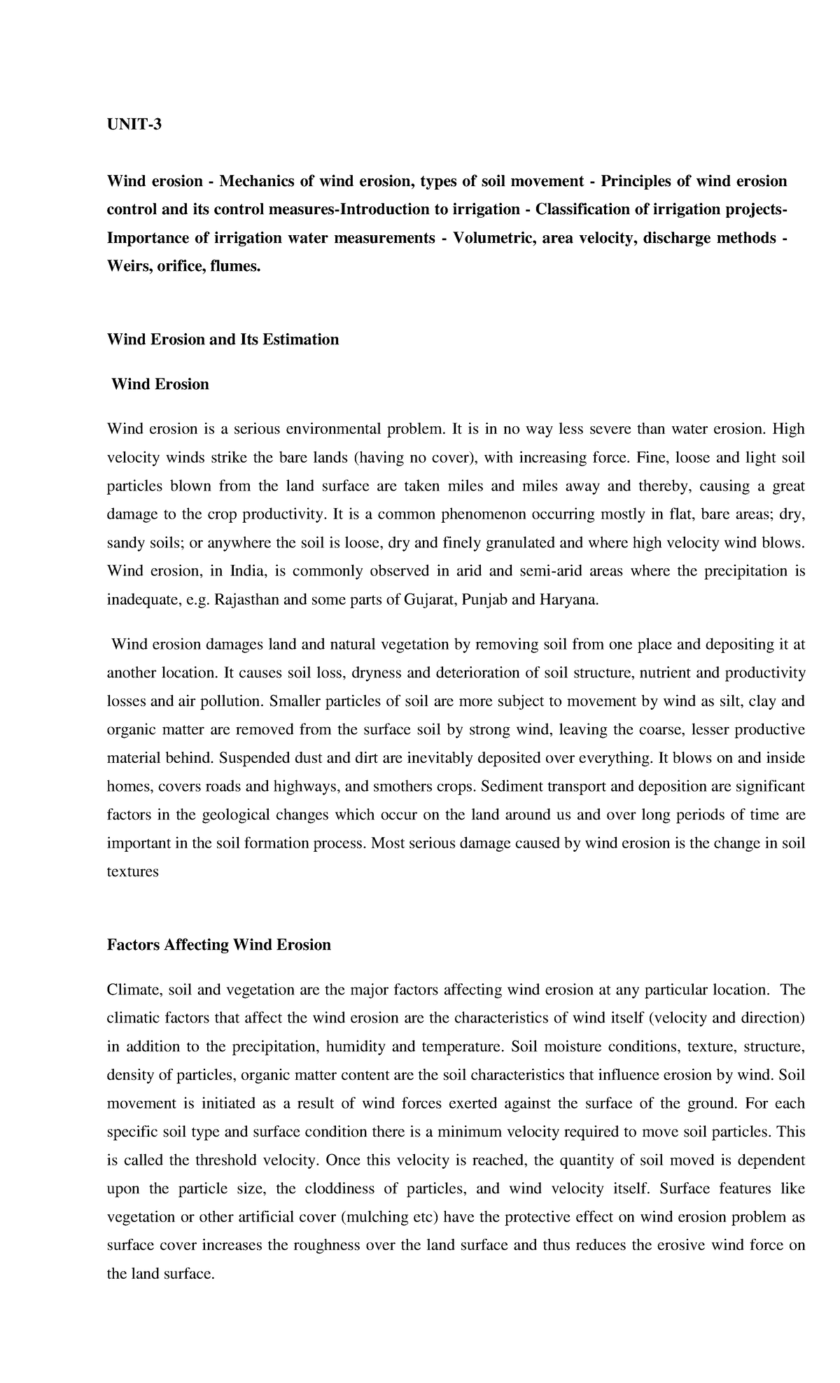AENG 251- UNIT 3 - NOTES - UNIT- 3 Wind erosion - Mechanics of wind ...