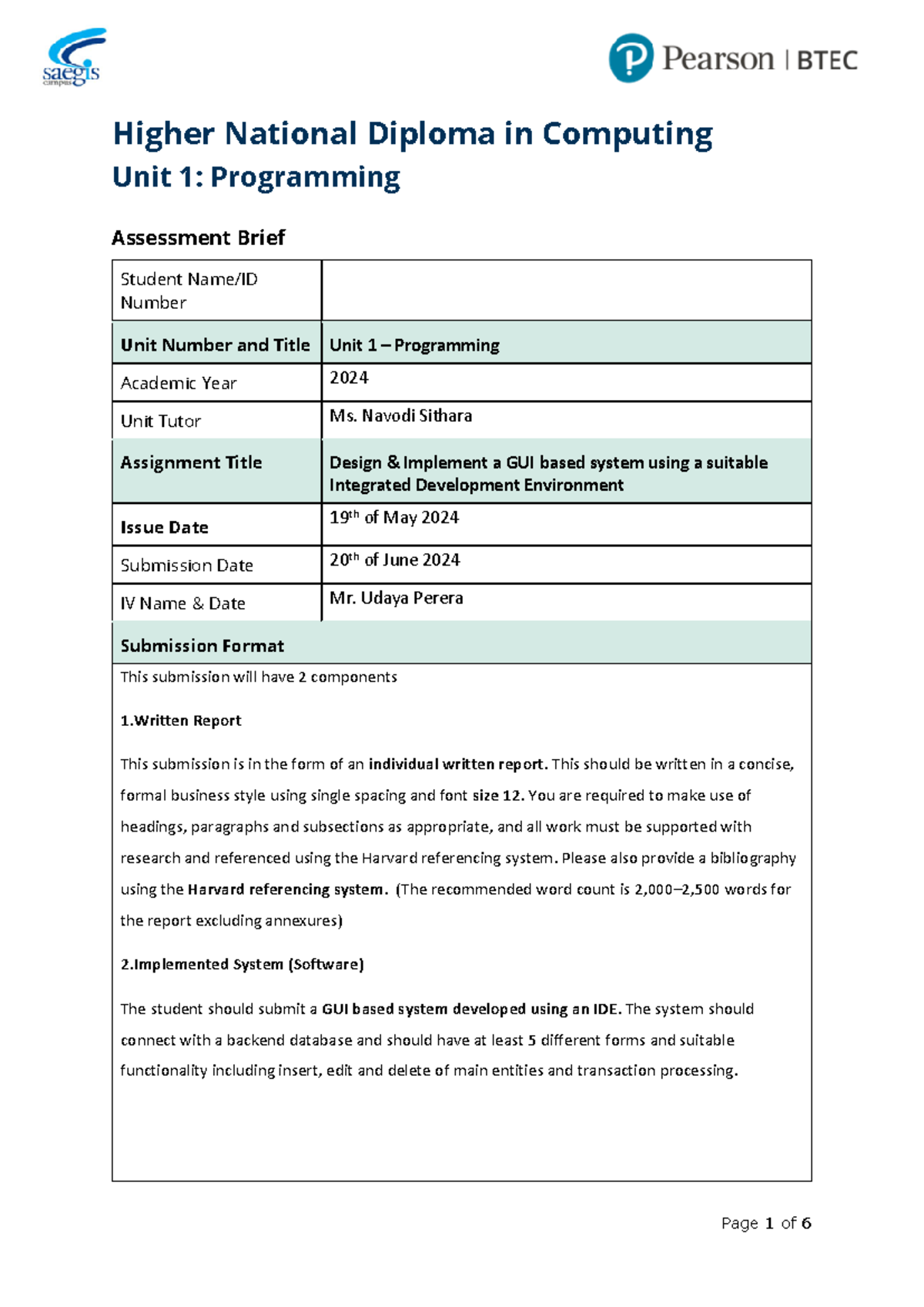 Prg - Assesment - Higher National Diploma in Computing Unit 1 : Programming Assessment Brief ...