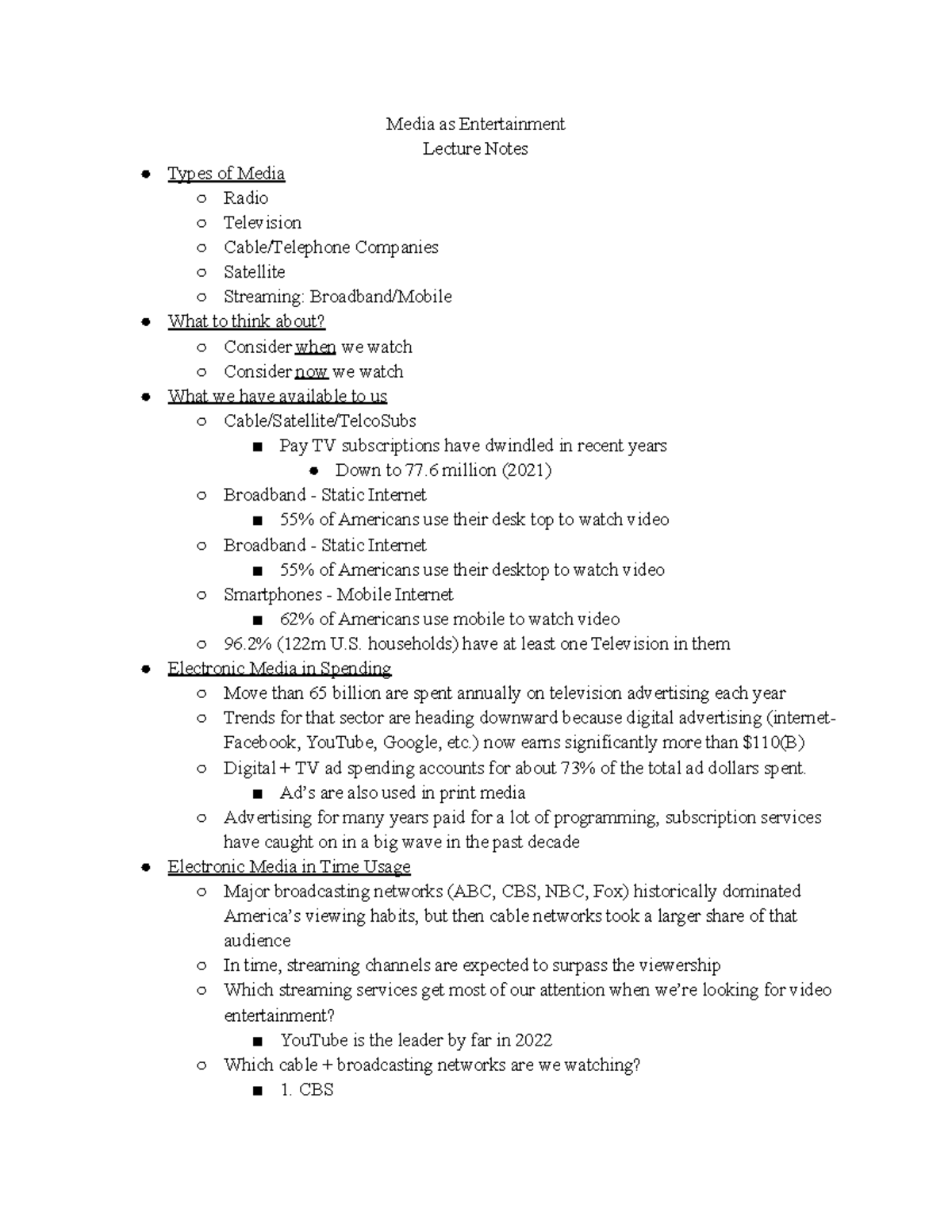 Media as Entertainment - Media as Entertainment Lecture Notes Types of ...