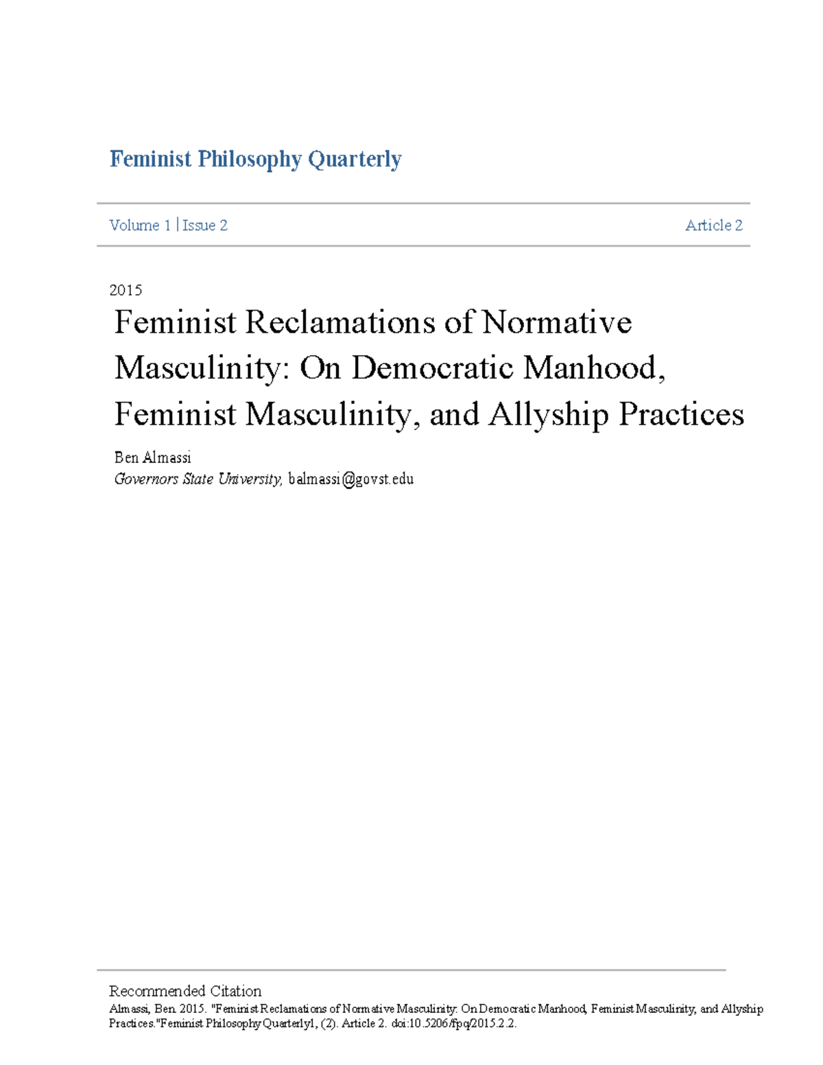 Feminist Reclamations of Normative Masculinity: On Democratic Manhood ...