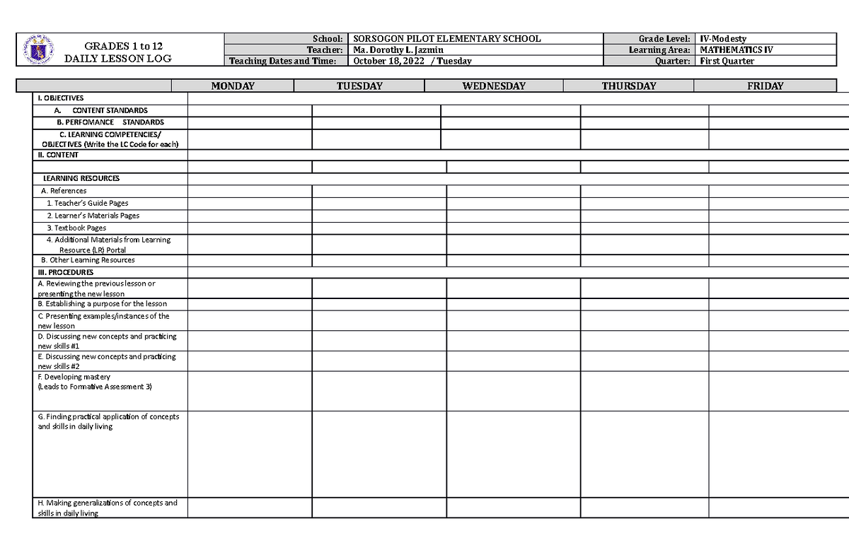 DLL Template English Medium - GRADES 1 to 12 DAILY LESSON LOG School ...