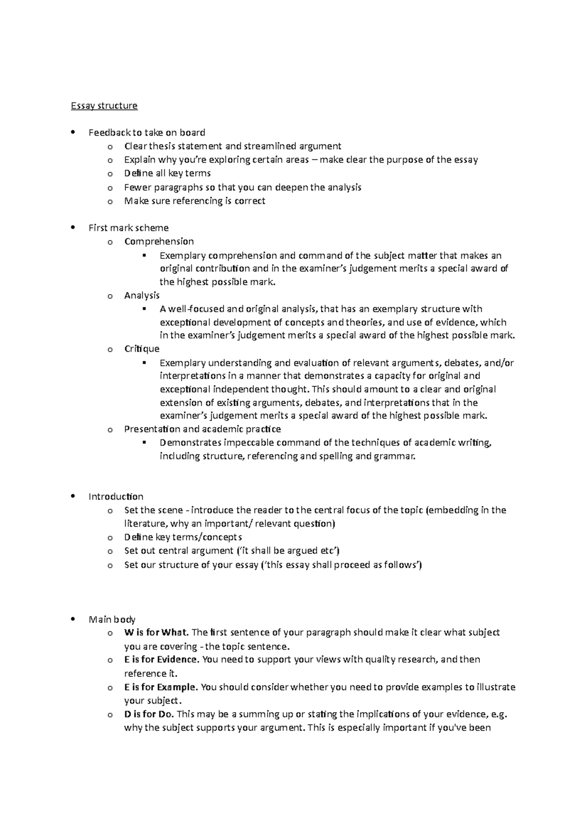 Essay Structure Essay Structure Feedback To Take On Board O Clear