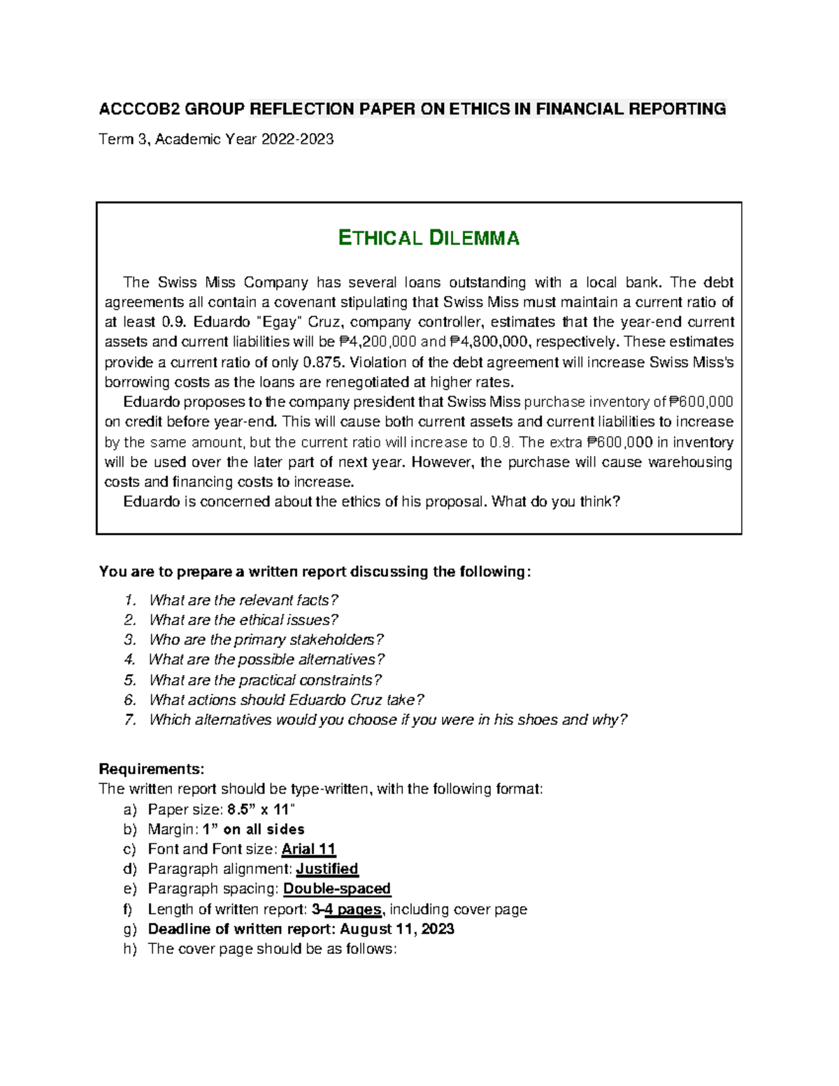 Reflection Paper on Ethics in Financial Reporting T3 AY2022 2023 ...