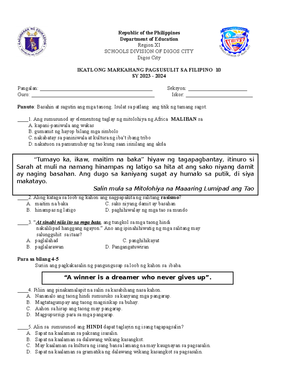 Fil 10 exam 3q - filipino 10 - Republic of the Philippines Department of Education Region XI ...