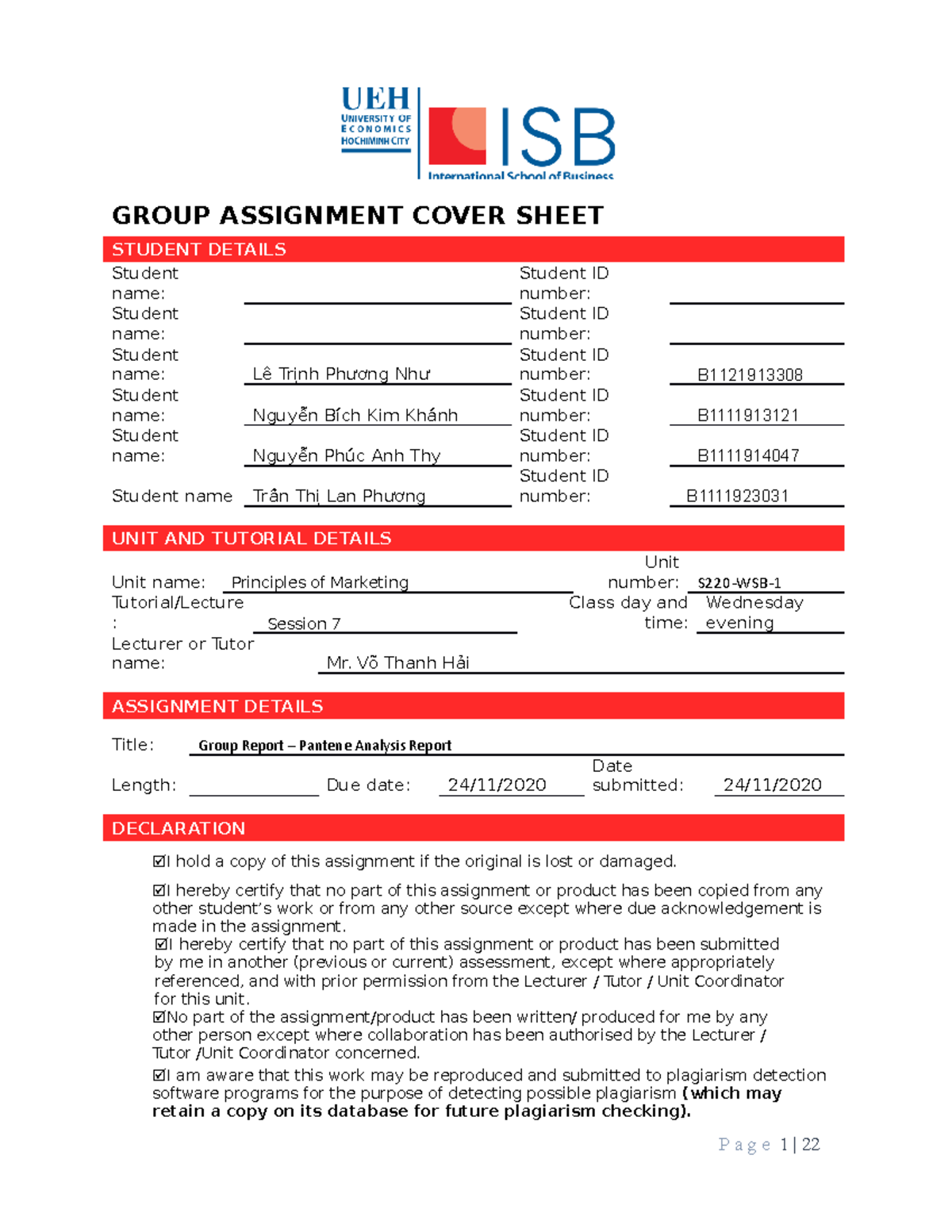Pantene-Groupreport-Pmk - GROUP ASSIGNMENT COVER SHEET STUDENT DETAILS ...