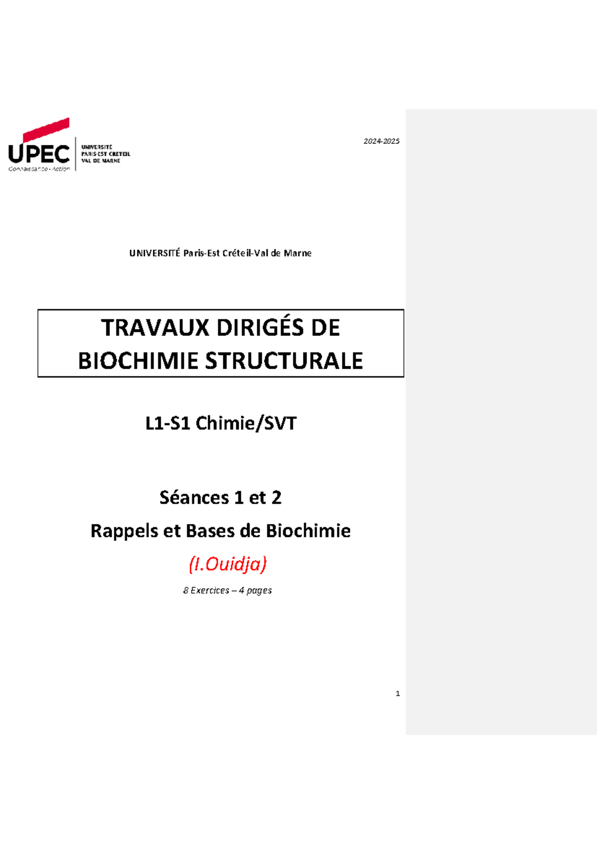 TD 1 et 2 Rappels et Bases de Biochimie 2024 2025 - UNIVERSITÉ Paris ...