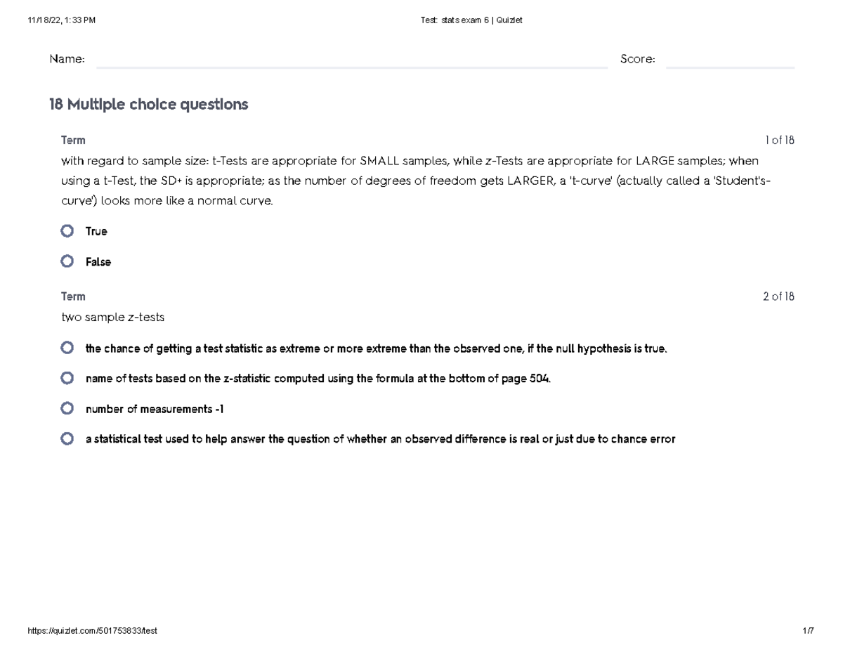 Test stats exam 6 Quizlet - Name: Score: 18 Multiple choice questions ...