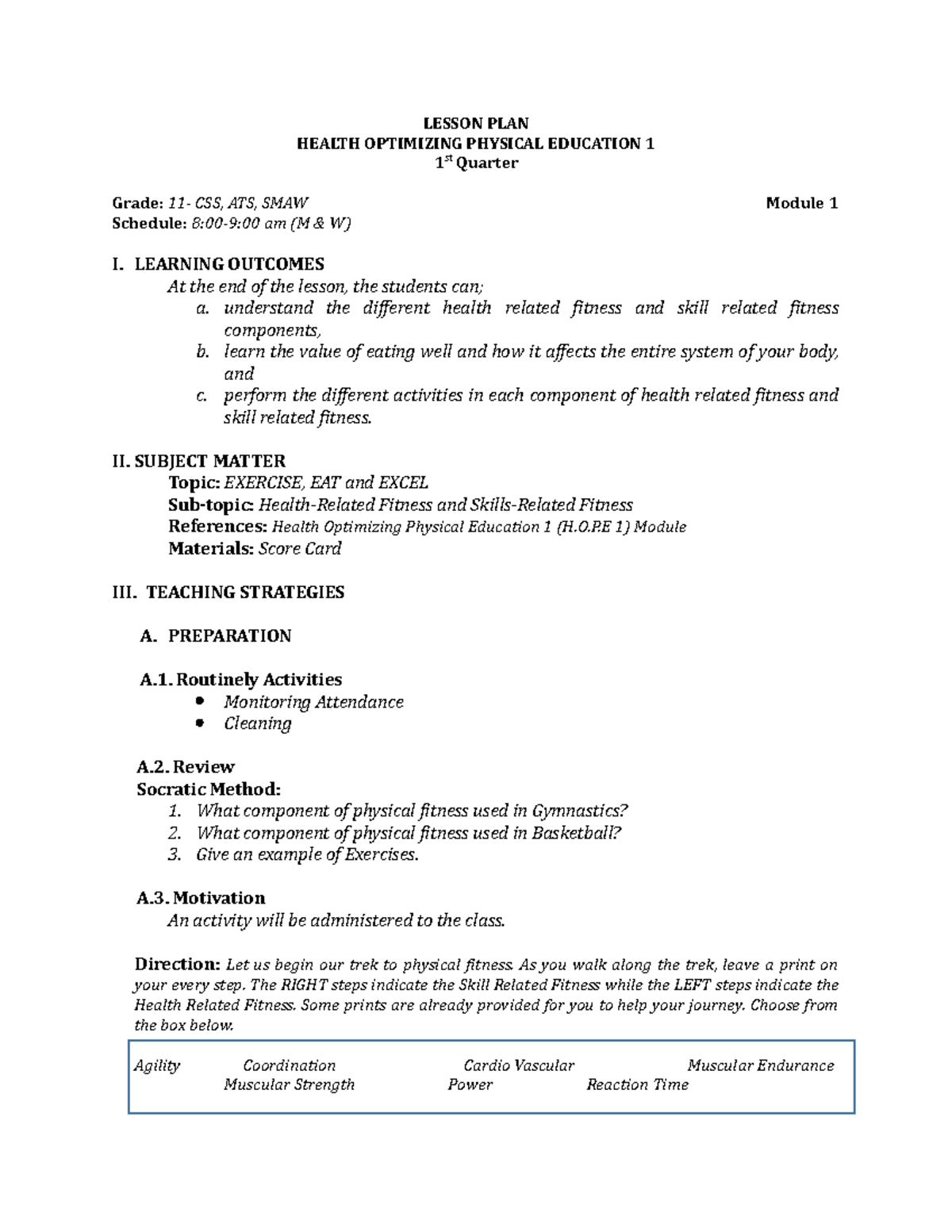 HOPE 1 Lesson PLAN - LESSON PLAN HEALTH OPTIMIZING PHYSICAL EDUCATION 1 ...