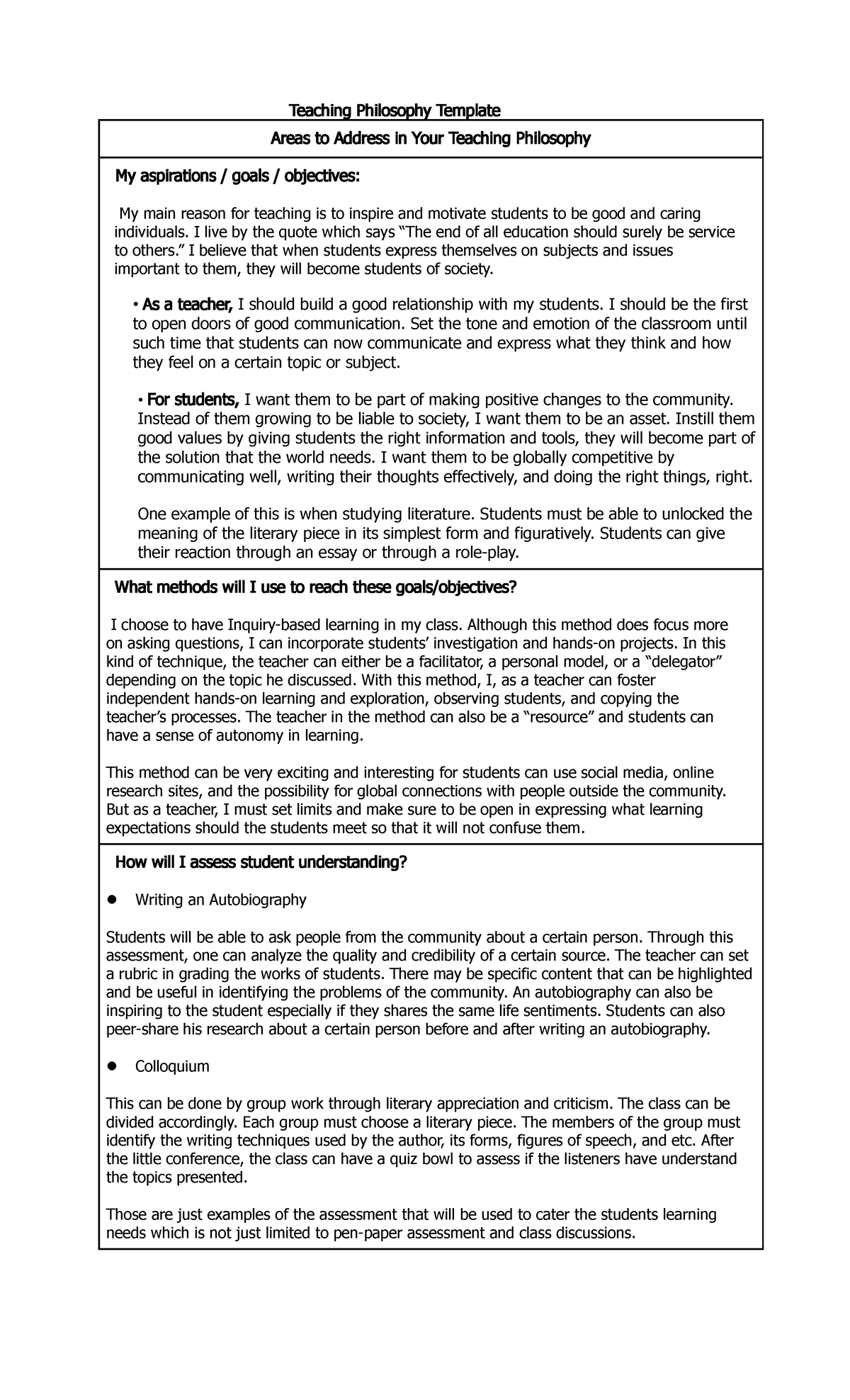 Teaching Philosophy Template - I live the quote which says end of all ...