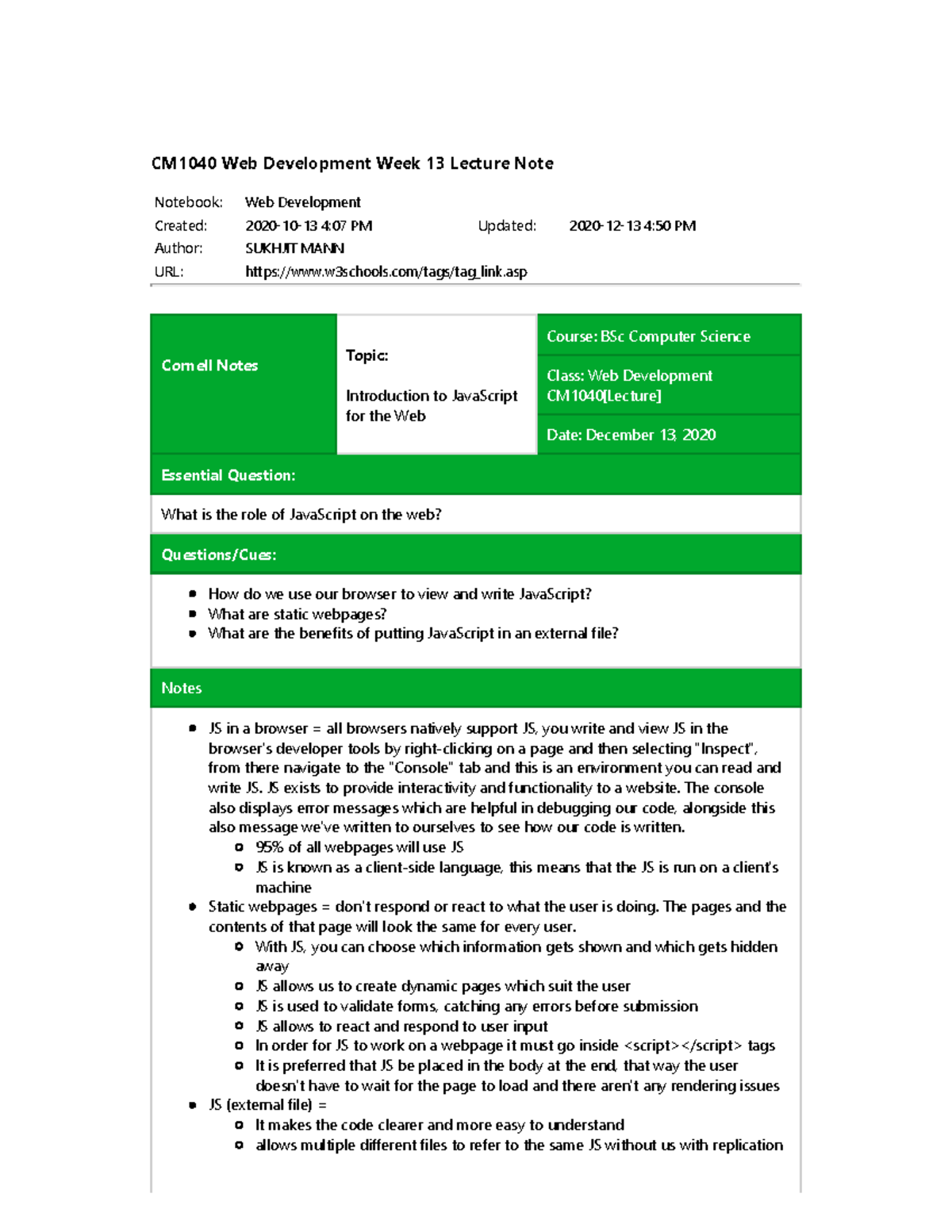 Web Dev Week 13 Lecture Note Notebook Web Development Created 2020 10 13 407 Pm Updated