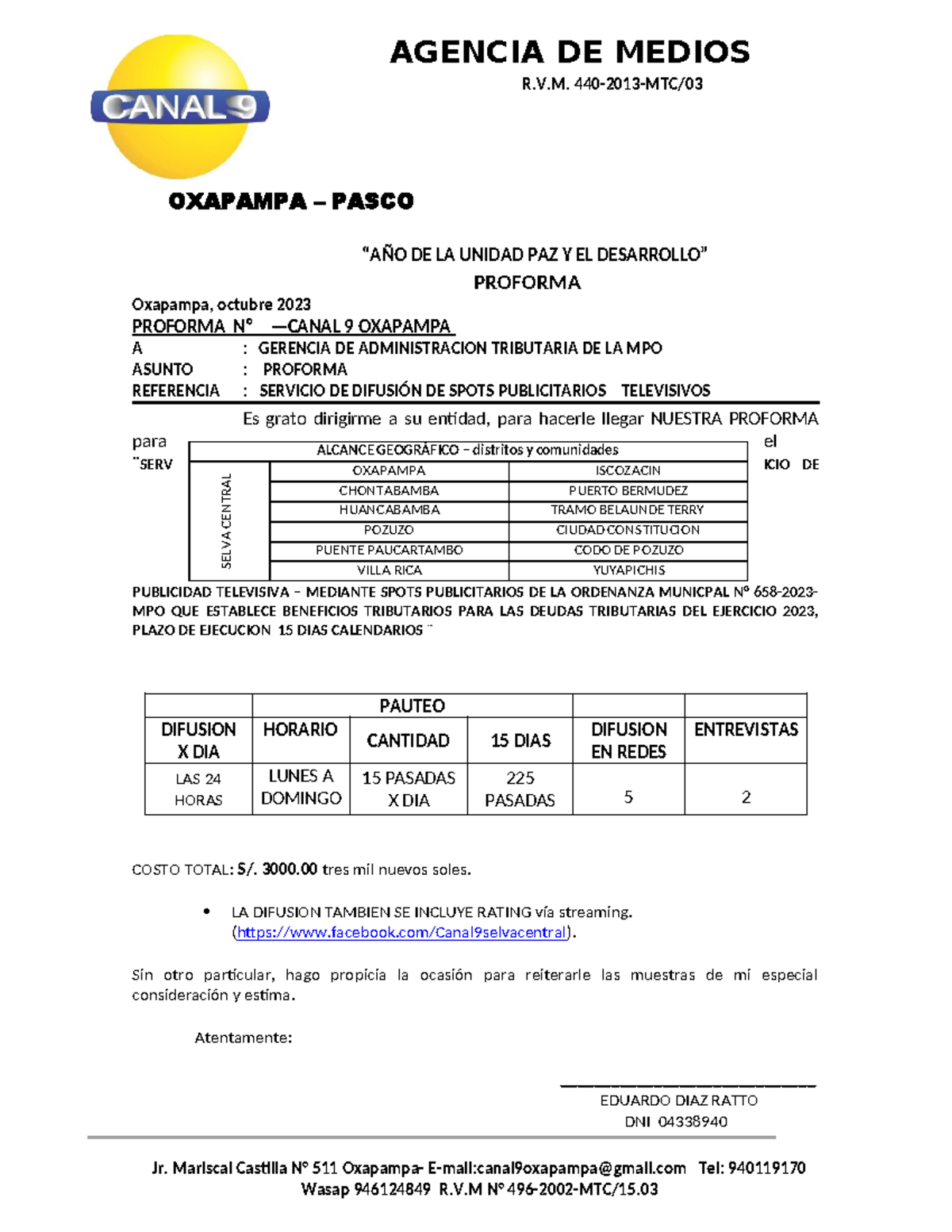Proforma canal 9 ADM Tributaria Diciembre 2023 - R.V. 440-2013-MTC ...
