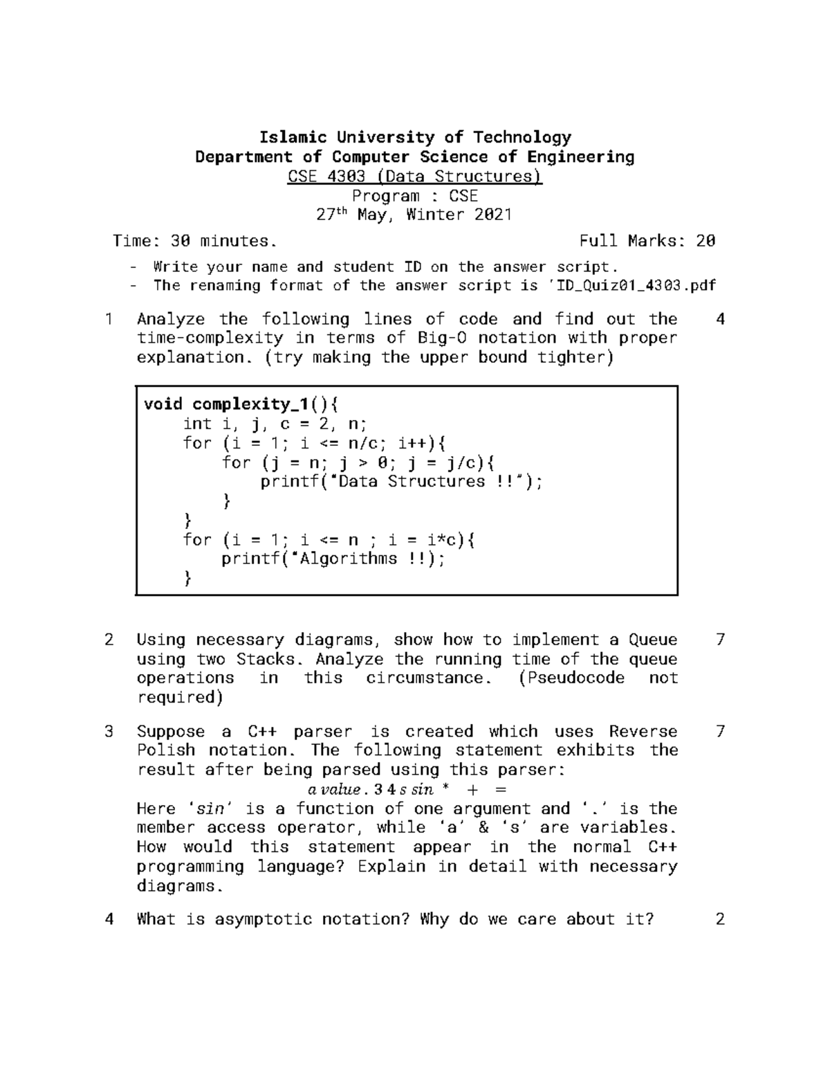 Cse 4303 Data Structures Quiz01 Winter 20 21 Islamic University Of Technology Department Of