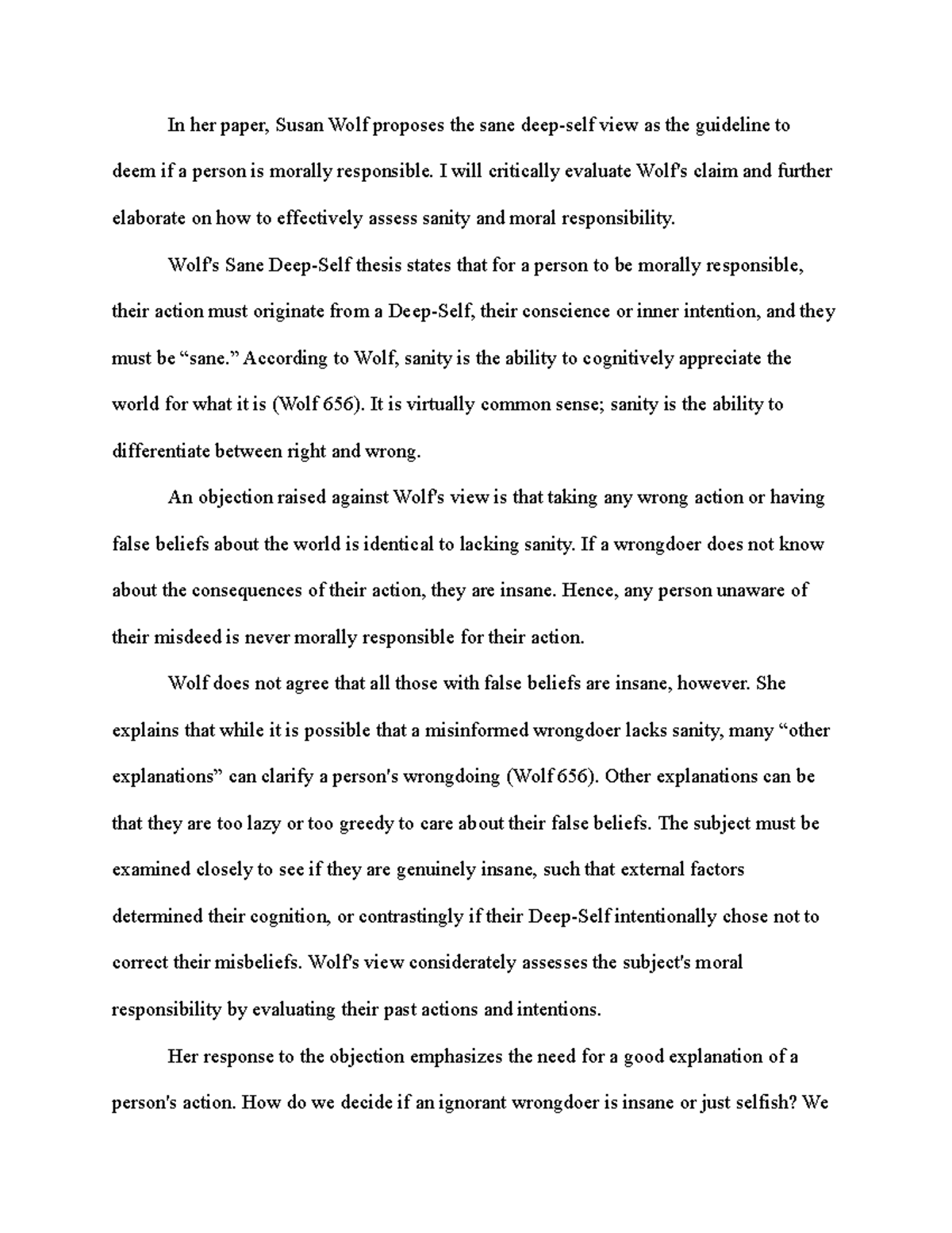 Wolf reading engagement - In her paper, Susan Wolf proposes the sane ...