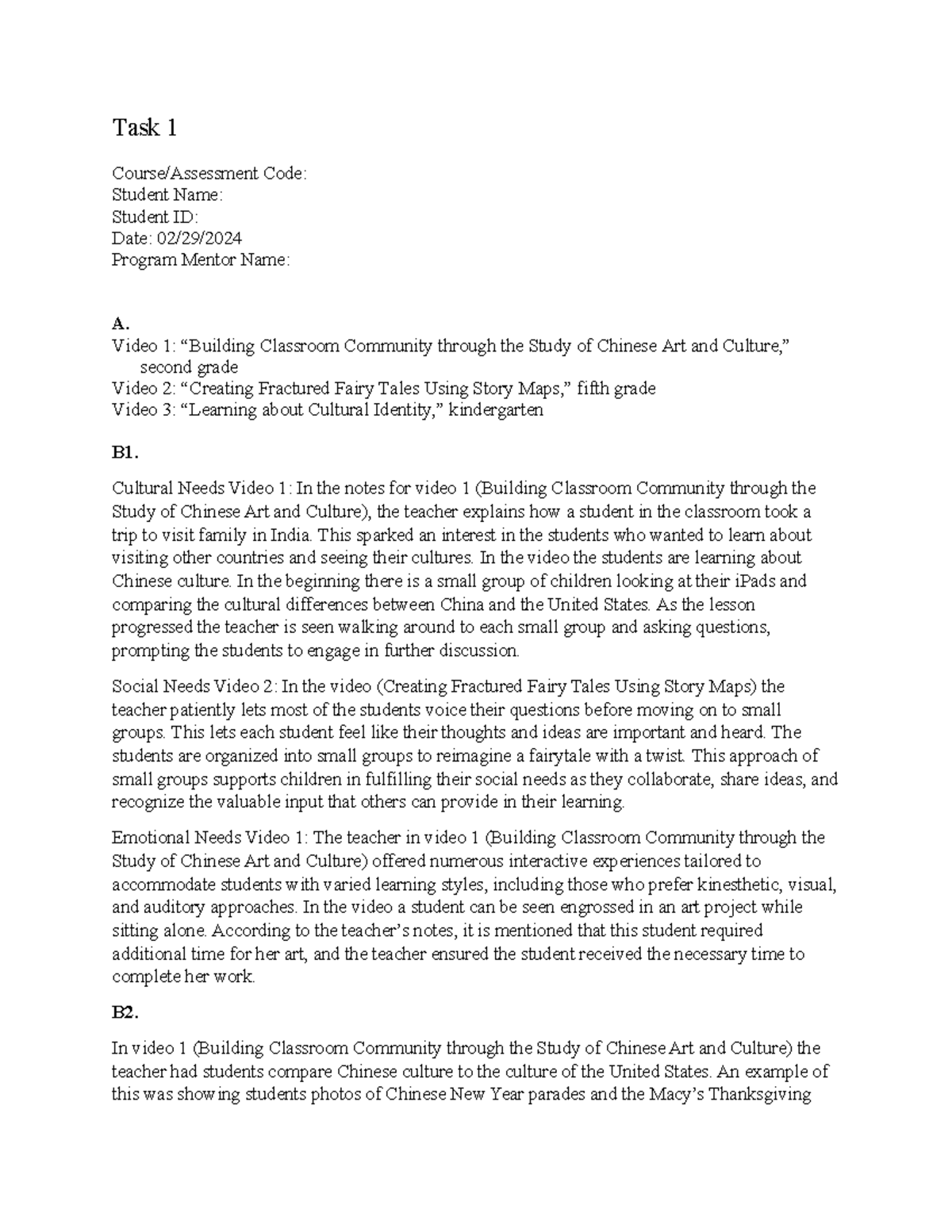 D090 Task 1 Passed - Task 1 Course/Assessment Code: Student Name ...