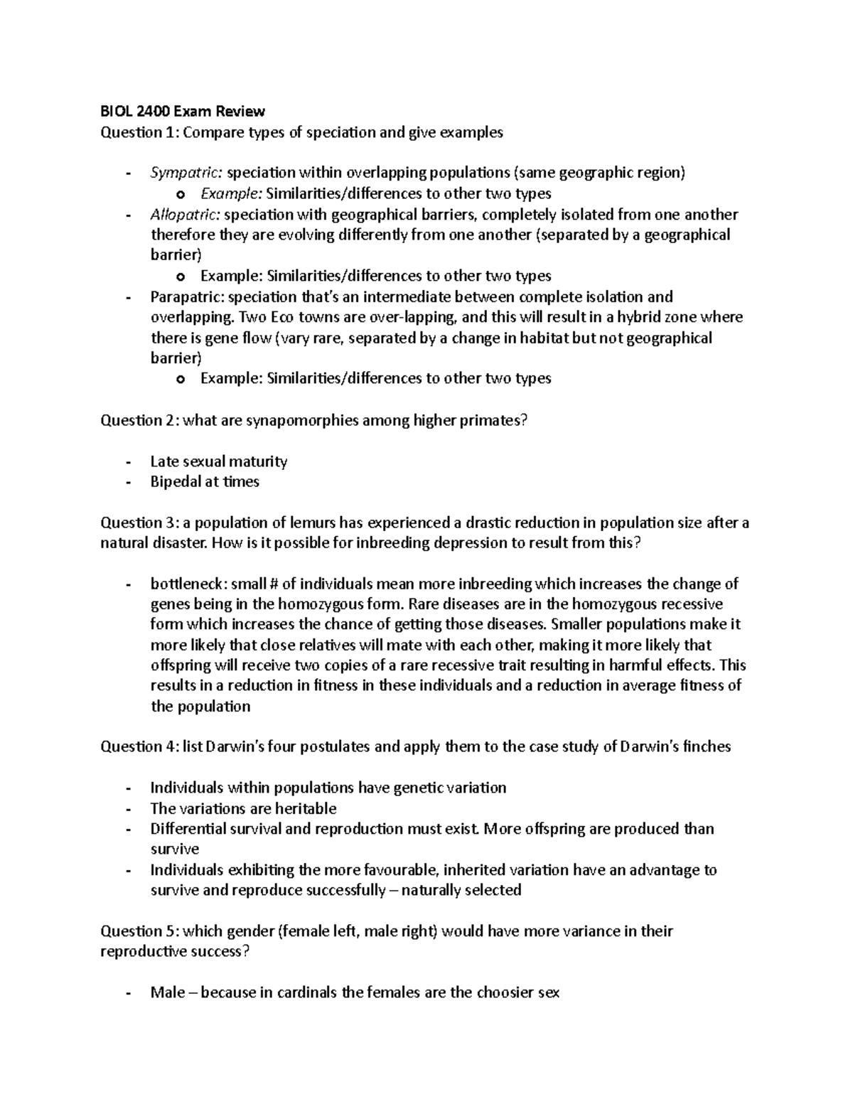 BIOL 2400 Exam Review - BIOL 2400 Exam Review Question 1: Compare types ...