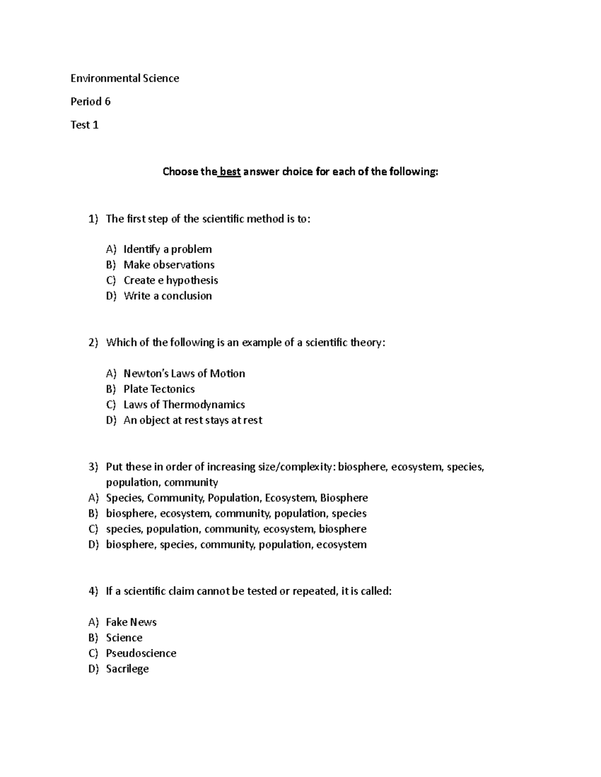 Environmental Science Test 1 2020 - Environmental Science Period 6 Test ...