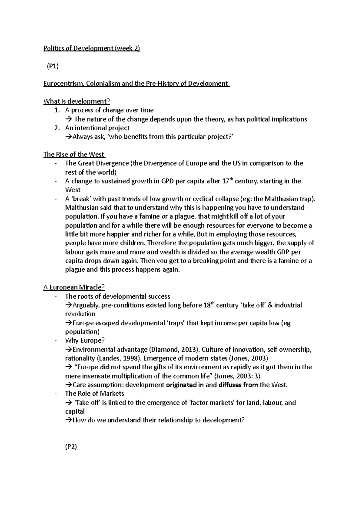 Politics of Development week 2 - A process of change over time The ...