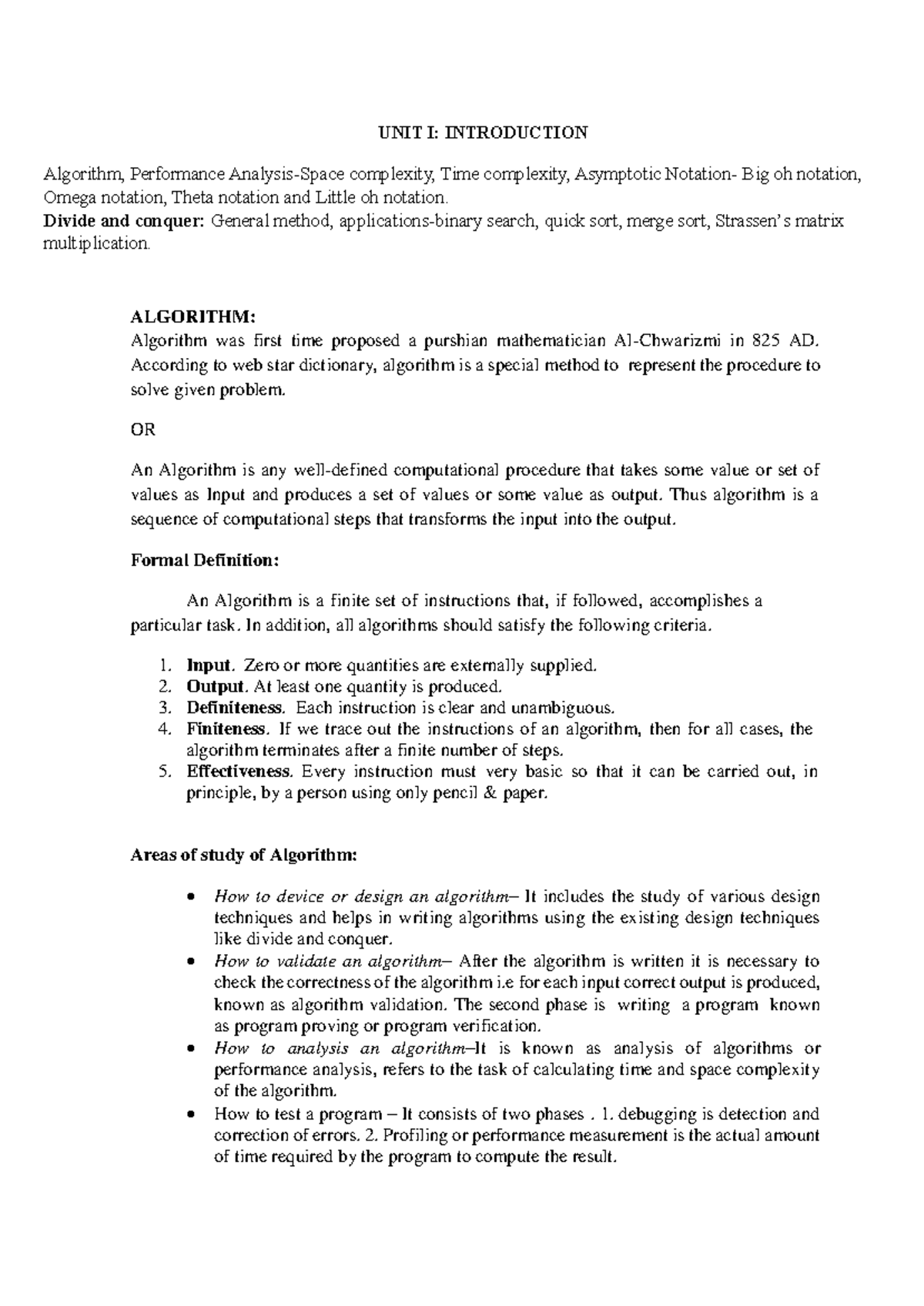 DAA UNIT I - excellent - UNIT I: INTRODUCTION Algorithm, Performance Analysis-Space complexity ...