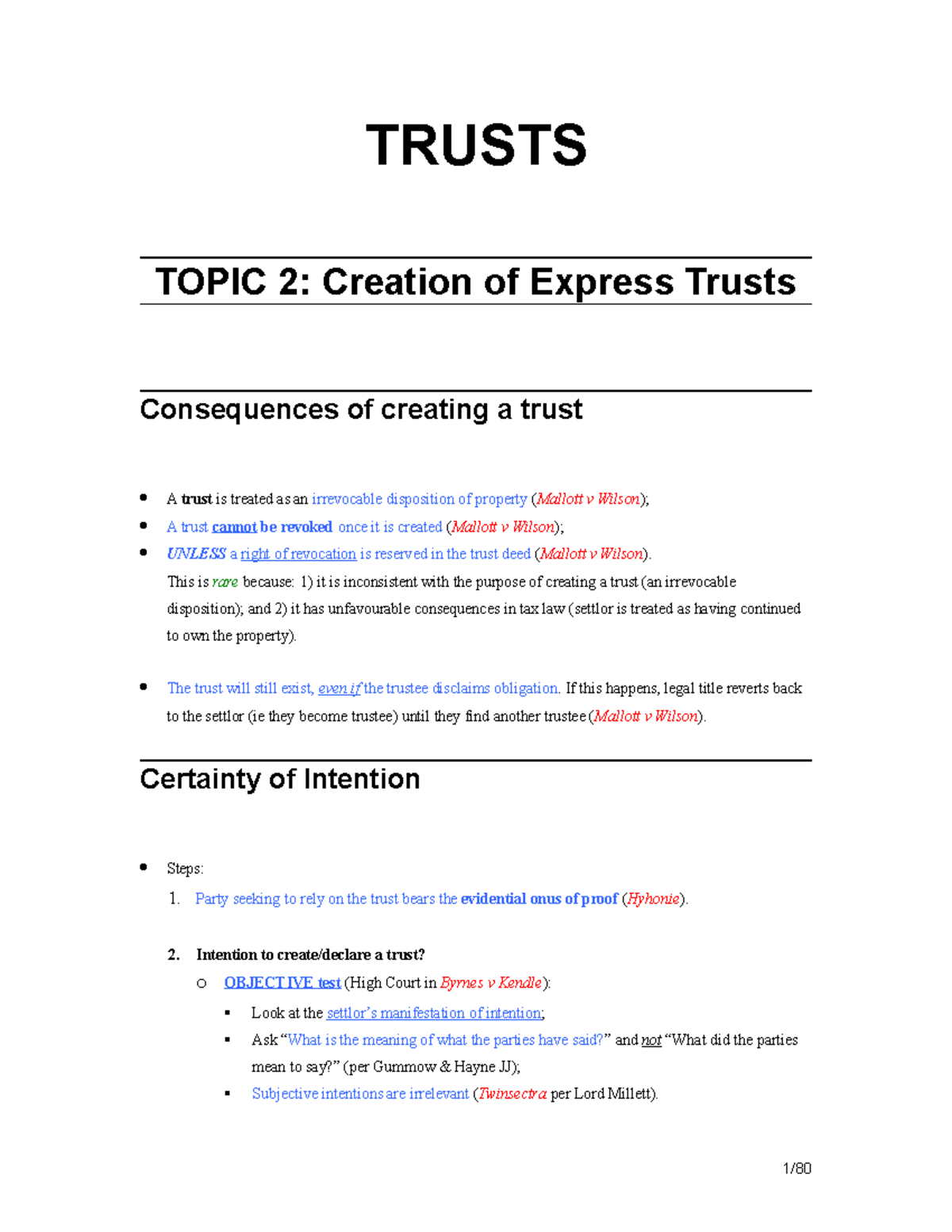 Lecture notes, topic 2-9 - Trusts - TRUSTS TOPIC 2: Creation of Express ...