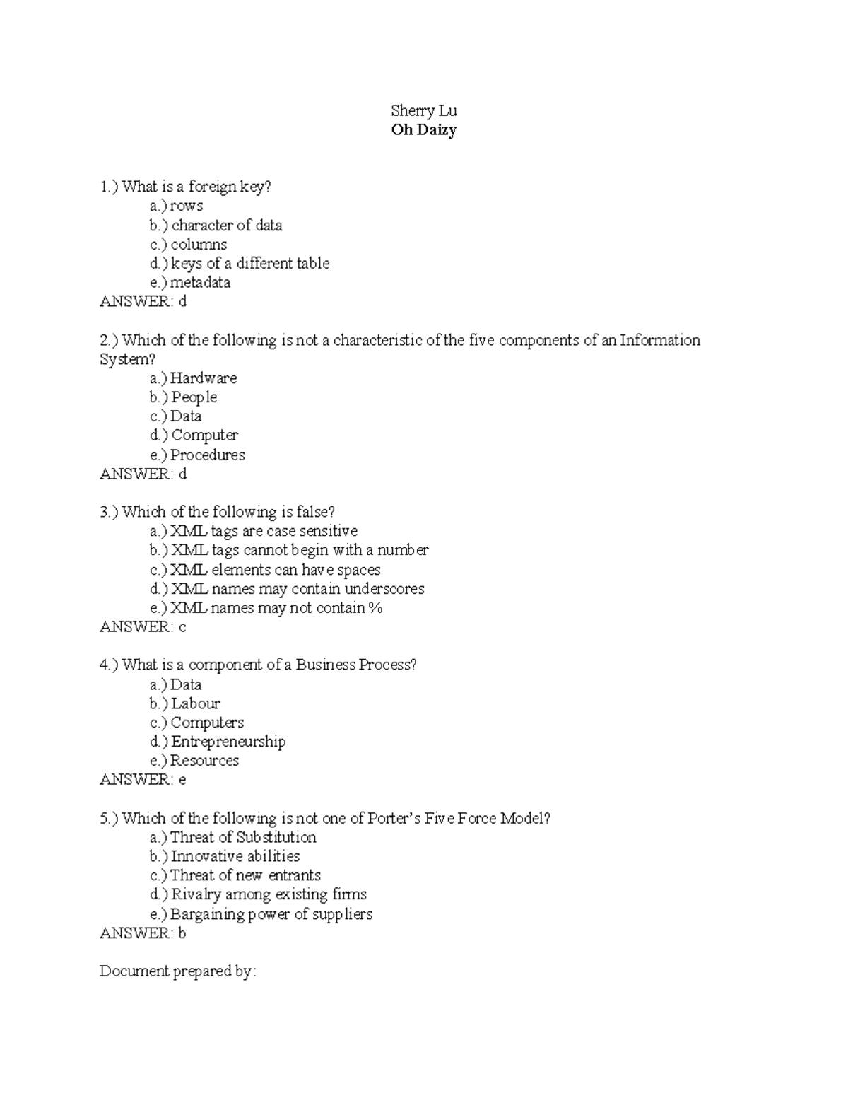 CompSci Assignment 5 - Sherry Lu Oh Daizy 1.) What is a foreign key? a ...