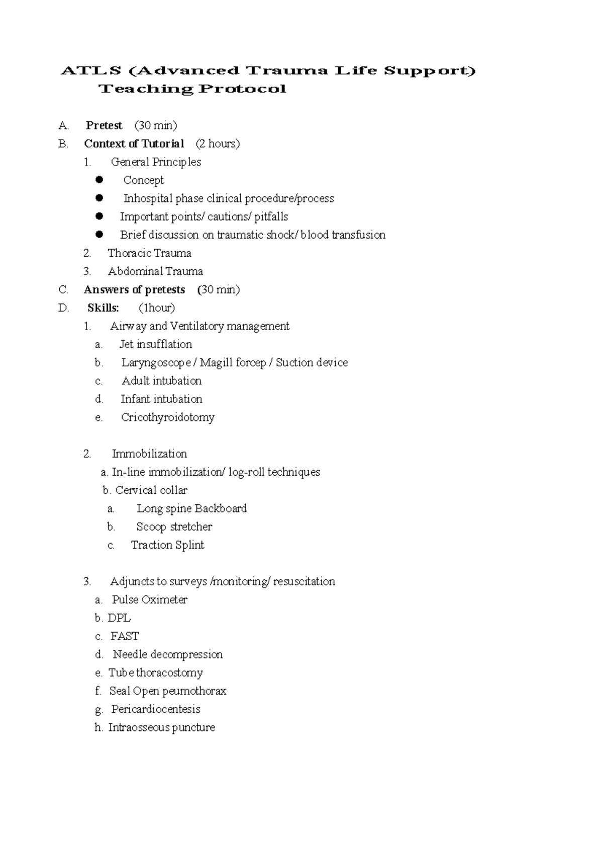 Pdfcoffee - ATLS (Advanced Trauma Life Support) Teaching Protocol A ...