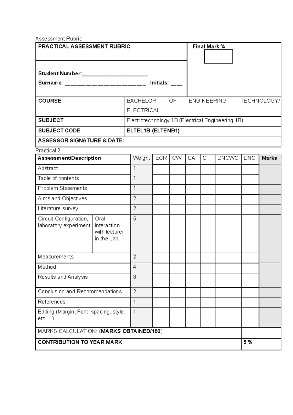 Electrotechnology lab 2 report - Assessment Rubric PRACTICAL ASSESSMENT ...