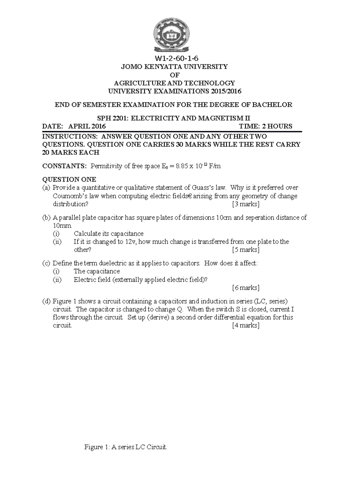 SPH 2201 Electricity AND Magnetism II - W1-2-60-1- JOMO KENYATTA ...