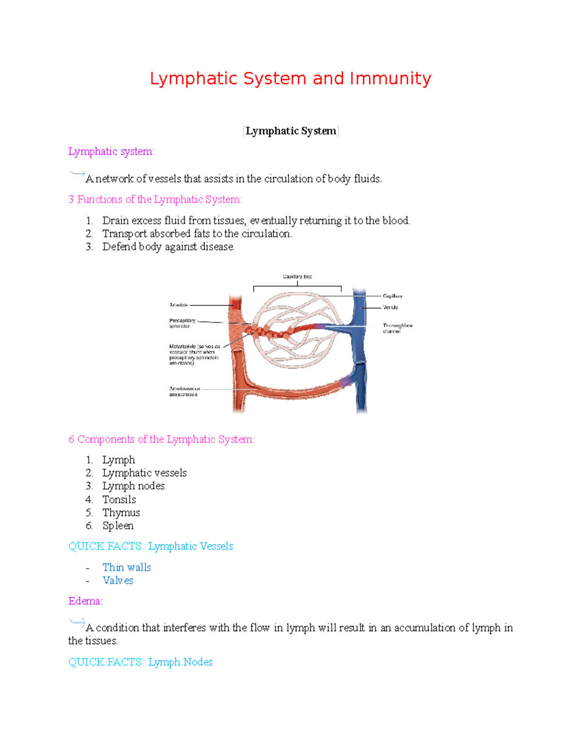 Lymphatic System Notes (class year: fall of 2021) - BIOL 101 - Studocu