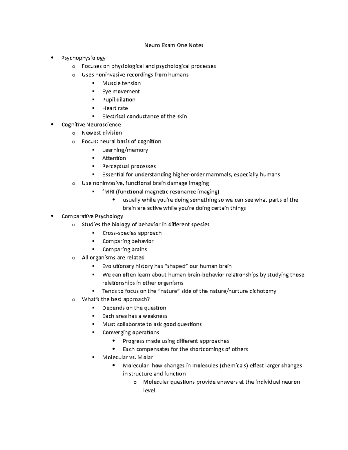 Neuroscience Notes for Exam 1 - Neuro Exam One Notes Psychophysiology o ...