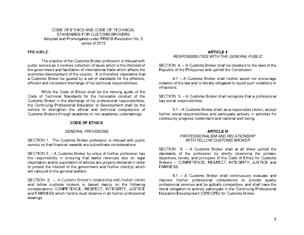 CODE-OF- Ethics-AND-CODE-OF- Technical- Standards-FOR- Customs- Brokers ...