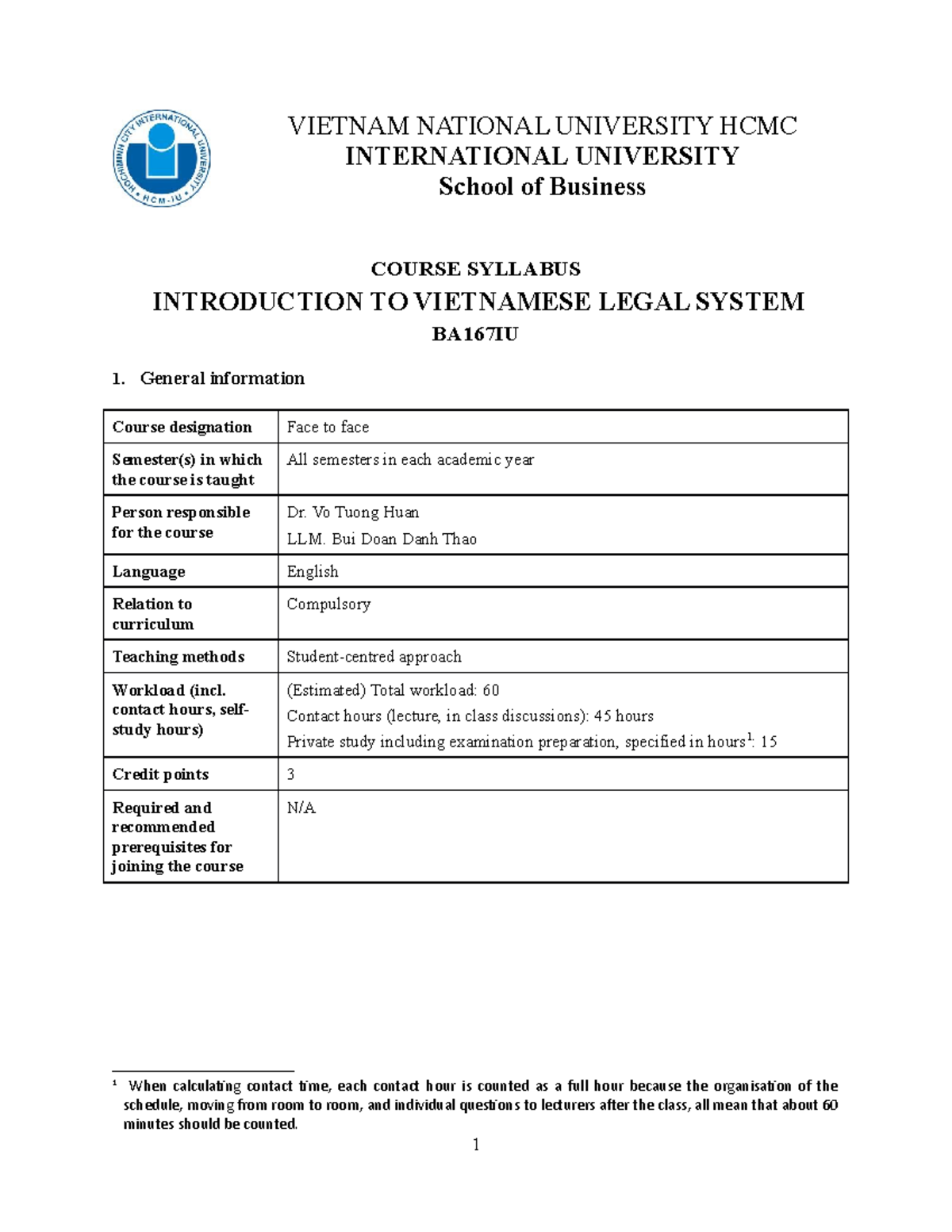 Syllabus Vietnamese legal system - VIETNAM NATIONAL UNIVERSITY HCMC INTERNATIONAL UNIVERSITY ...