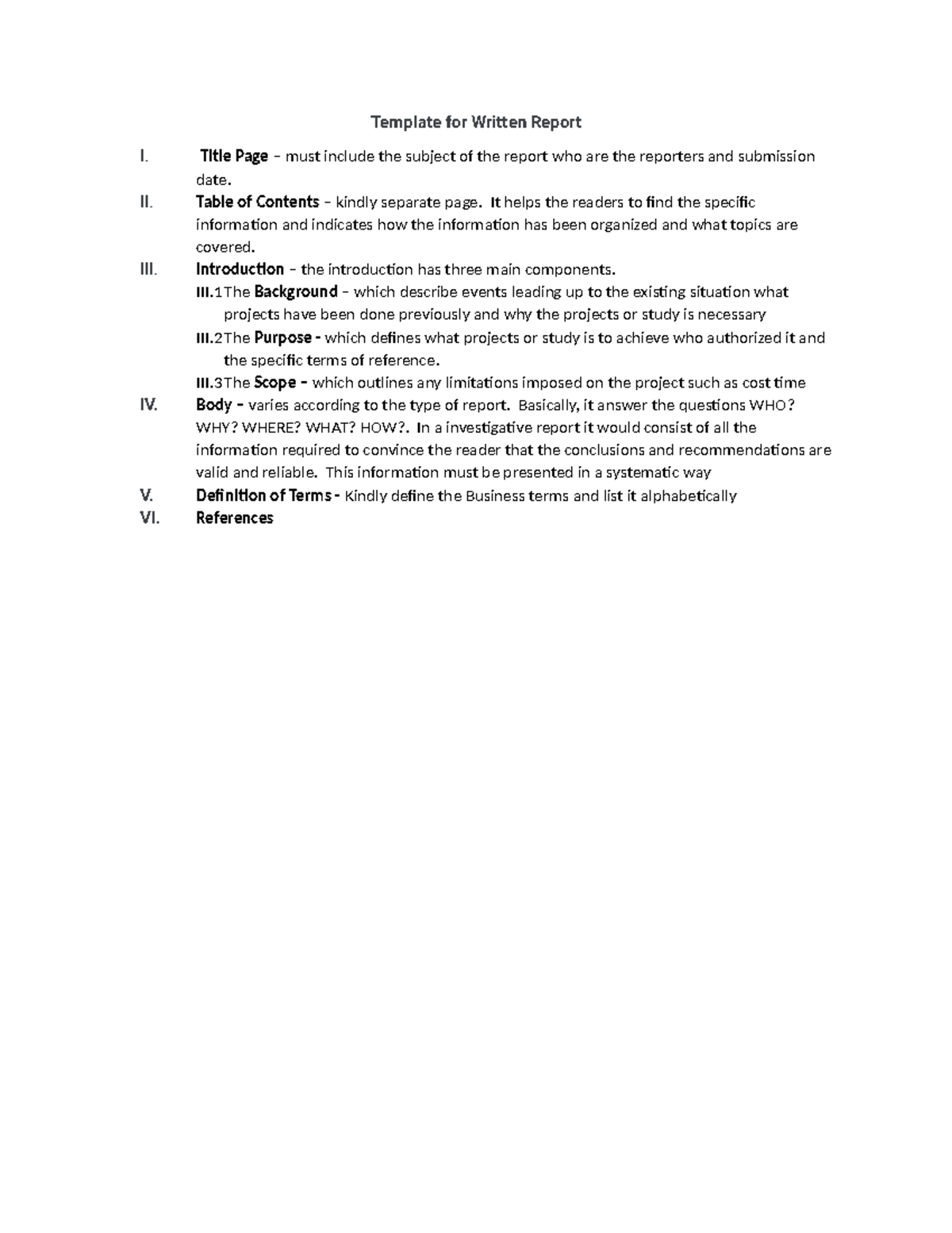 Template for Written Report - Title Page – must include the subject of ...