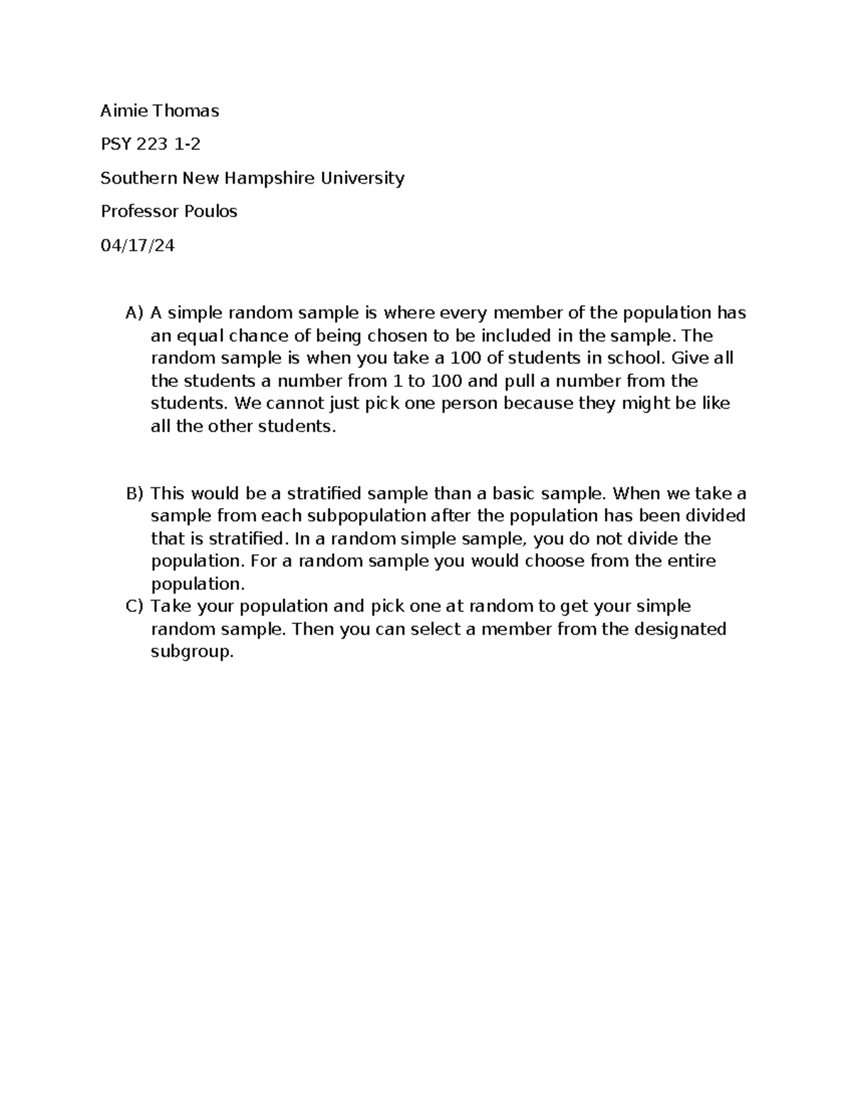 1-2 Simple random sample Poulos - Aimie Thomas PSY 223 1- Southern New ...
