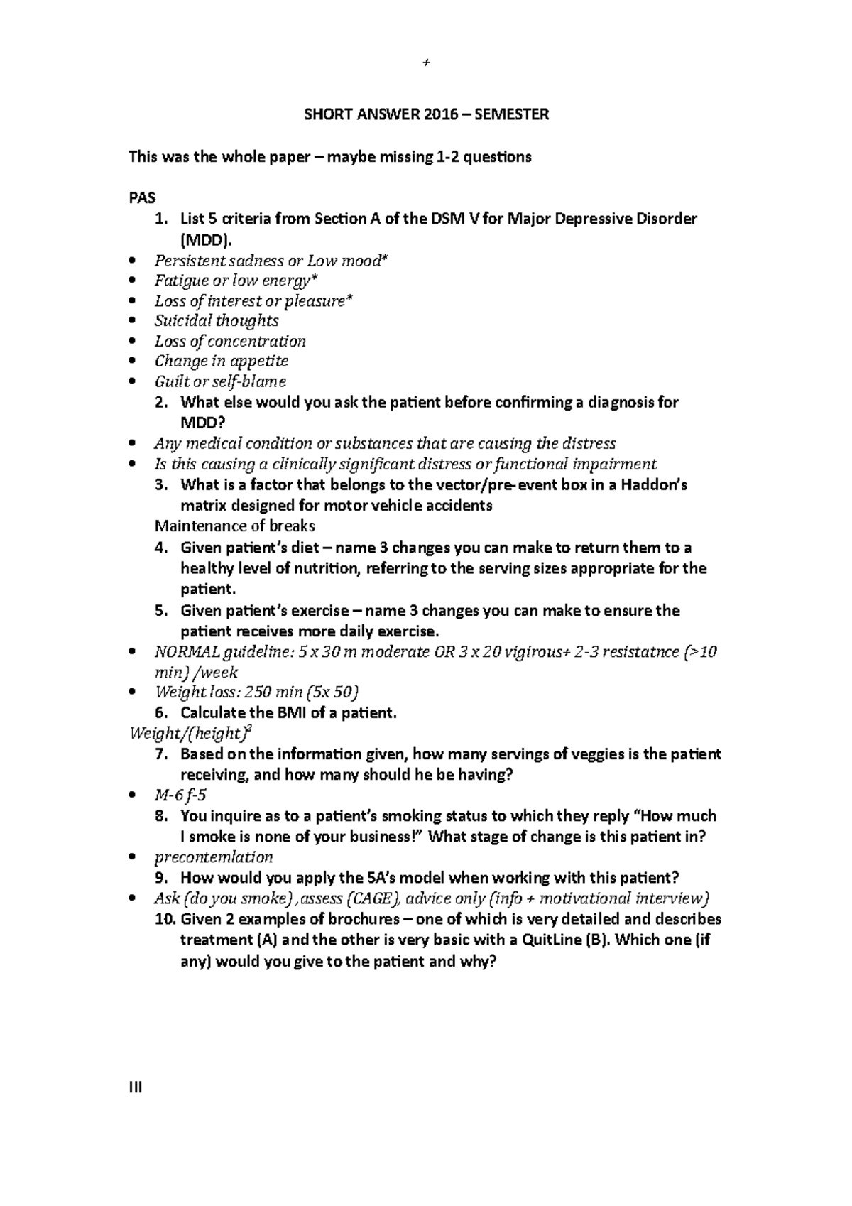 2016- Short- Answer-2016- Semester - MBBS - JCU - Studocu