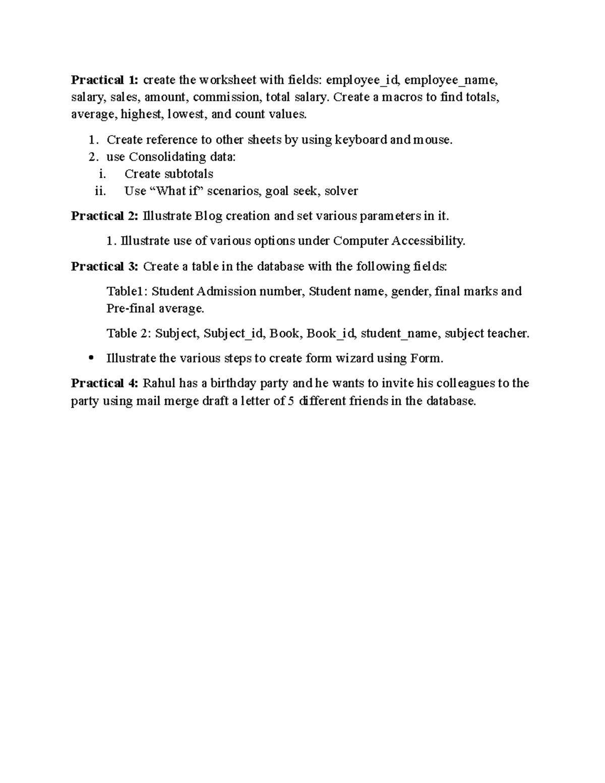 Class-10 practicals - CLASS-10 PRACTICAL LIST - Practical 1: create the ...