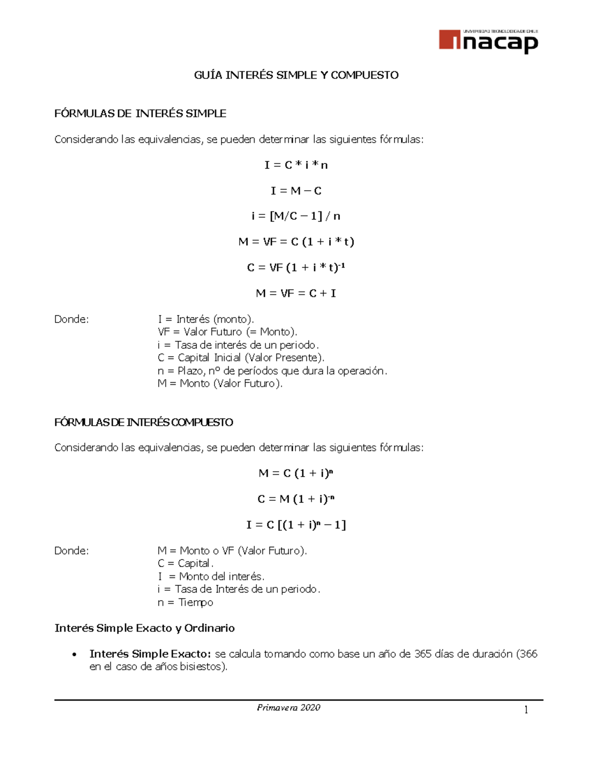 Primavera 2020 Guía N°1 Interés Simple y Compuesto - GUÍA INTERÉS ...