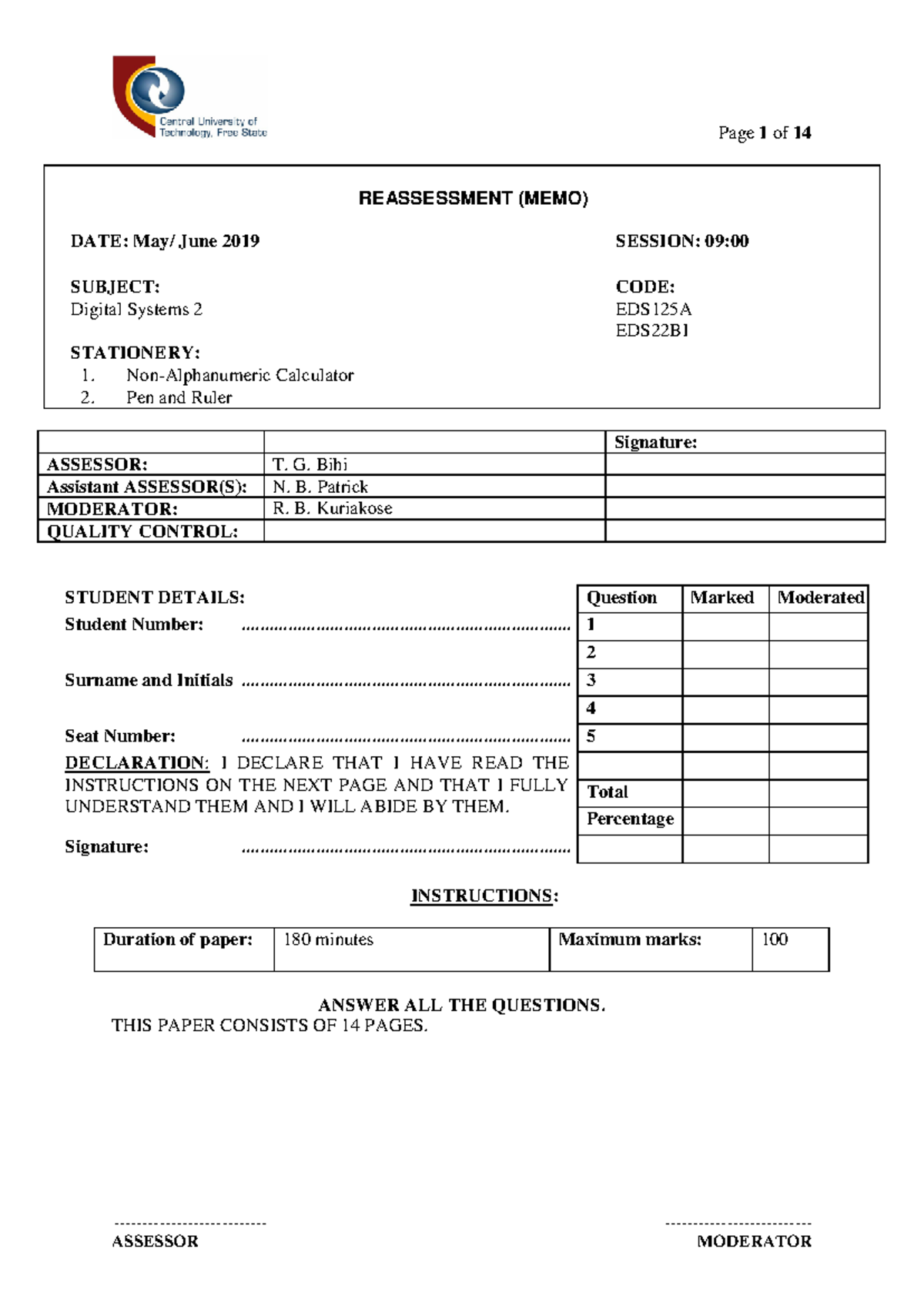 EDS Re Assess MEMO - REASSESSMENT (MEMO) DATE: May/ June 2019 SESSION ...