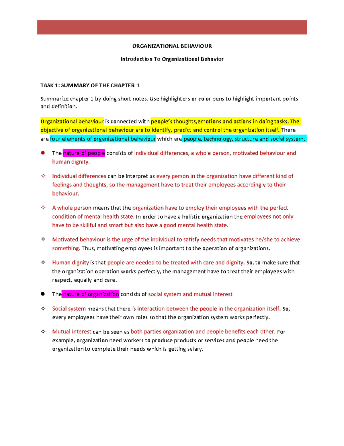 Exercise Chapter 1 on Organizational Behavior - Business and management ...