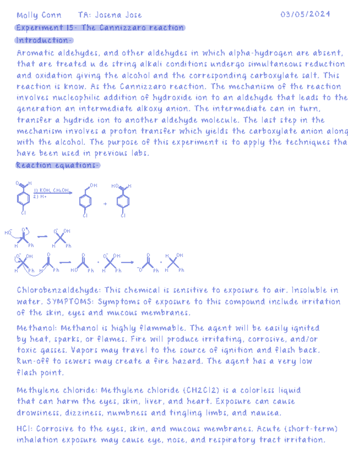 Experiment 15 Lab Report - Experiment 15- The Cannizzaro reaction Molly ...