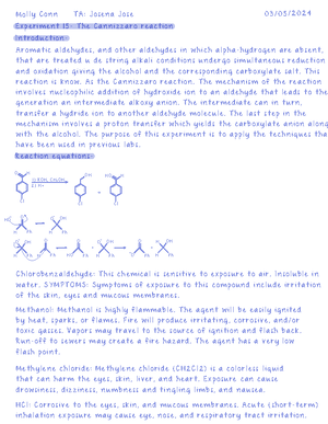 Experiment 16 Lab Report - Molly Conn TA: Josena Jose 03/17/ Experiment 16: dyes and dyeing ...