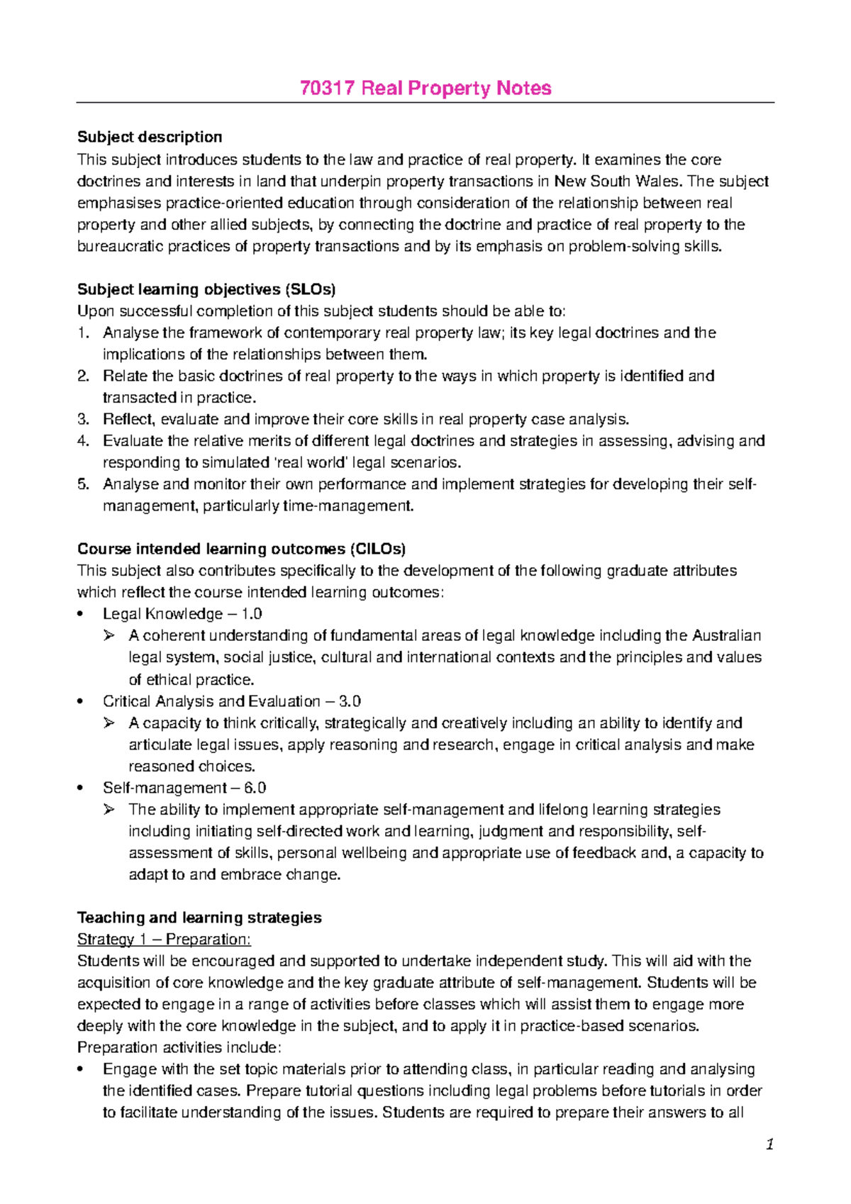 Lecture notes - 70317 Real Property Notes Subject description This ...